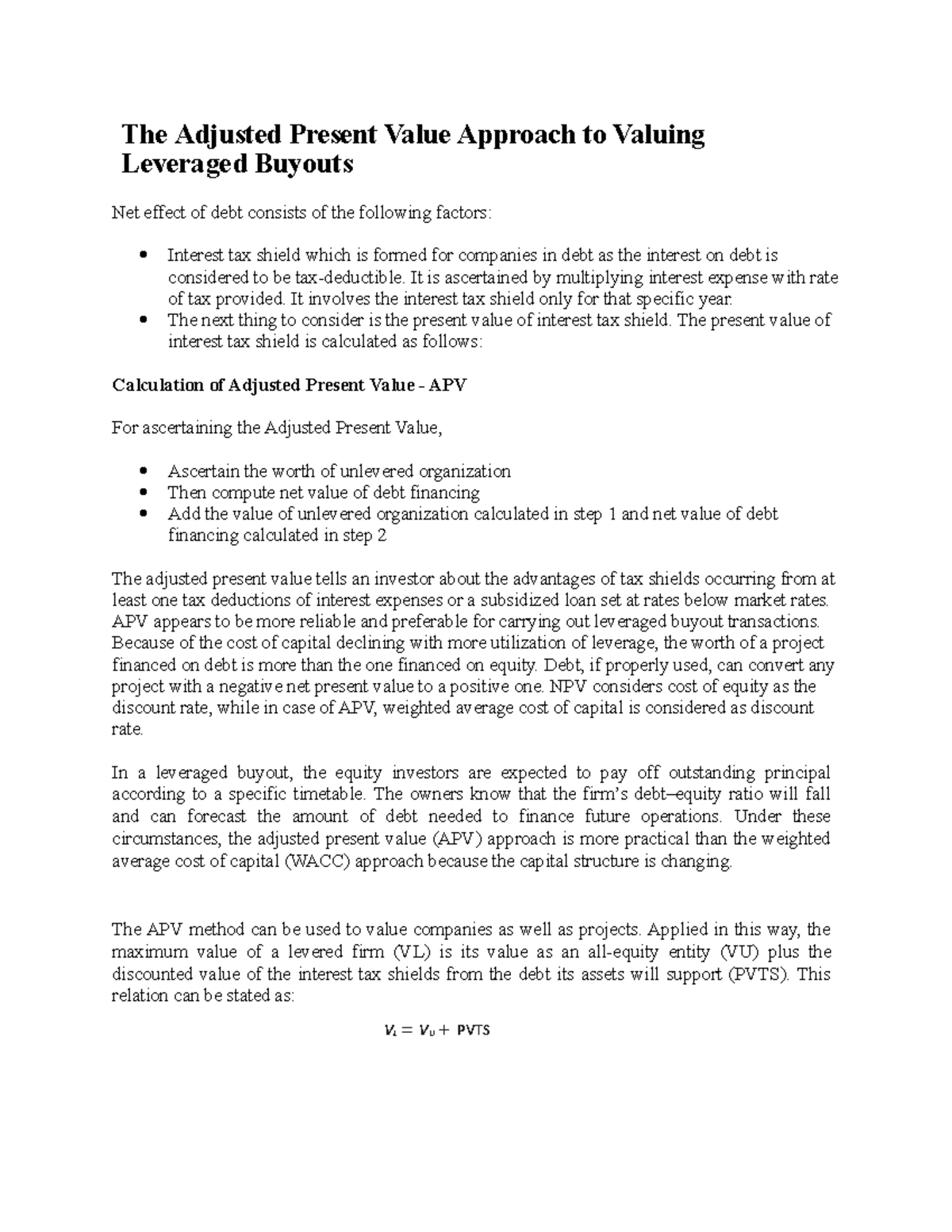 LBO Valuation - MSC Finance - The Adjusted Present Value Approach to ...