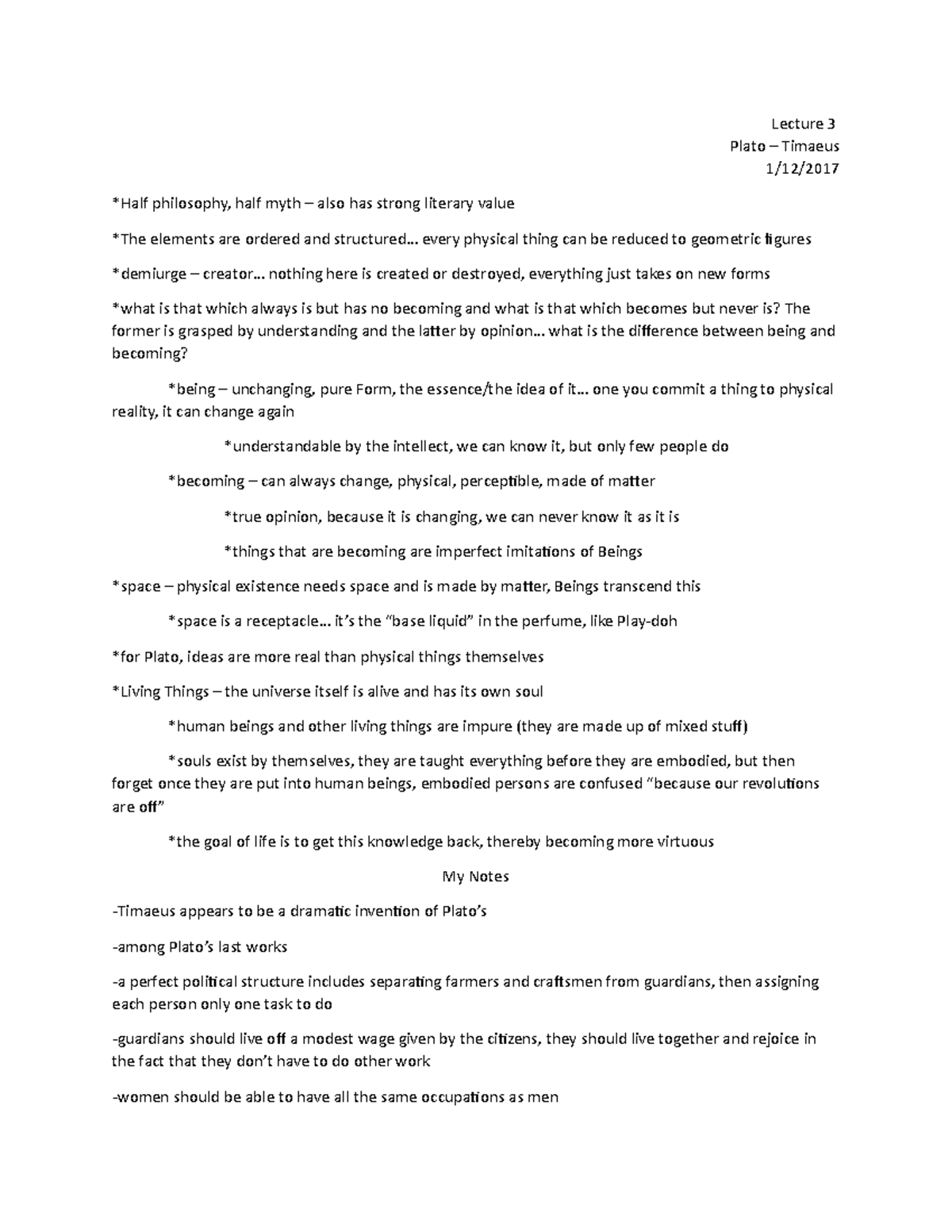 Lecture 3 - Plato's Timaeus - Lecture 3 Plato – Timaeus 1/12/2017 *Half ...