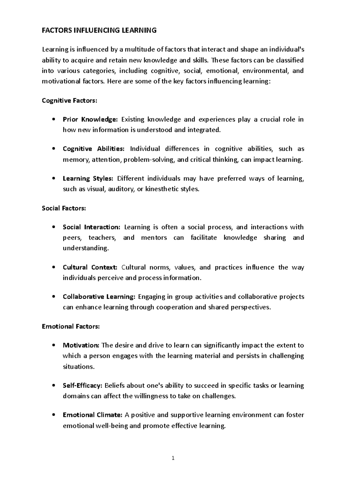 Factors Influencing Learning - FACTORS INFLUENCING LEARNING Learning is ...