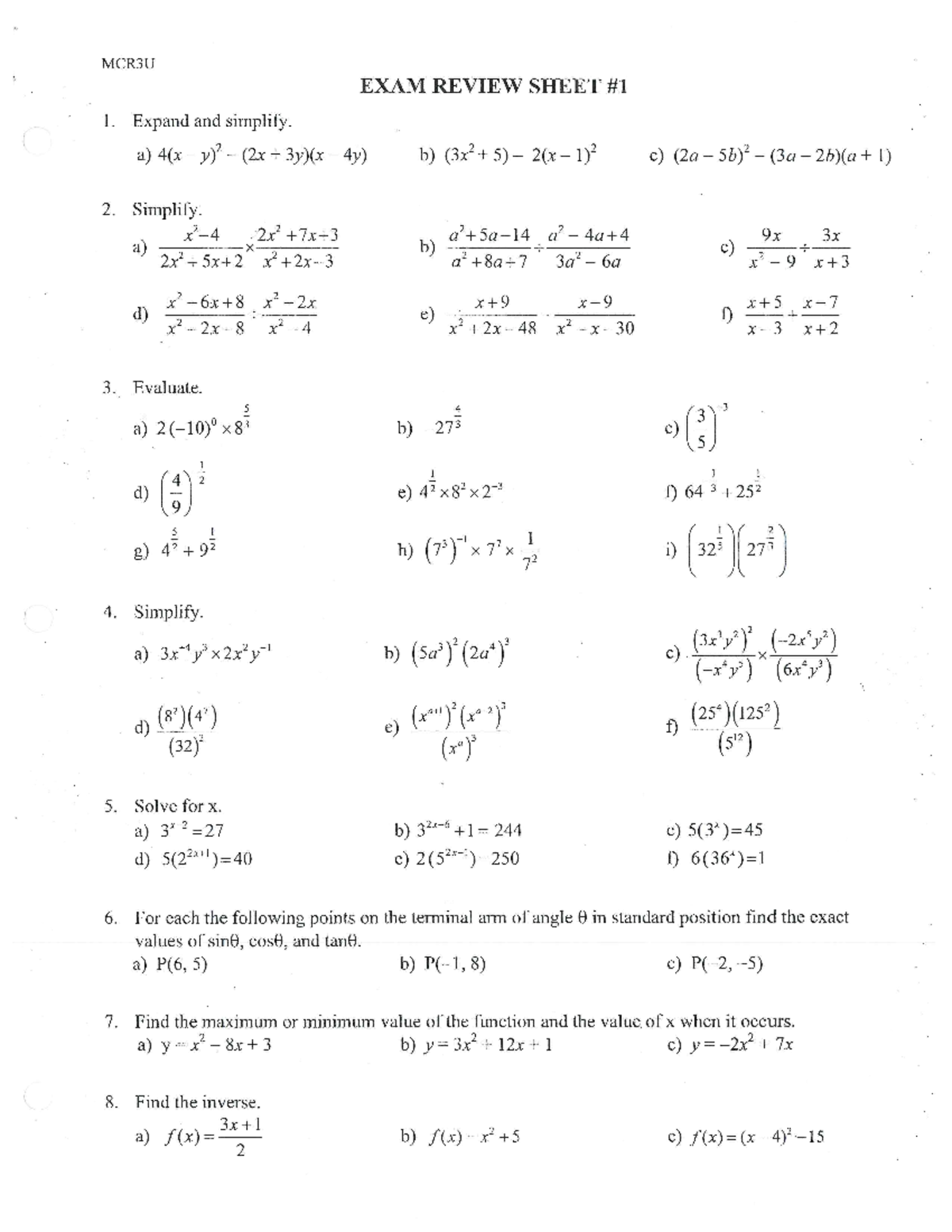 Grade 11 Functions Exam Review