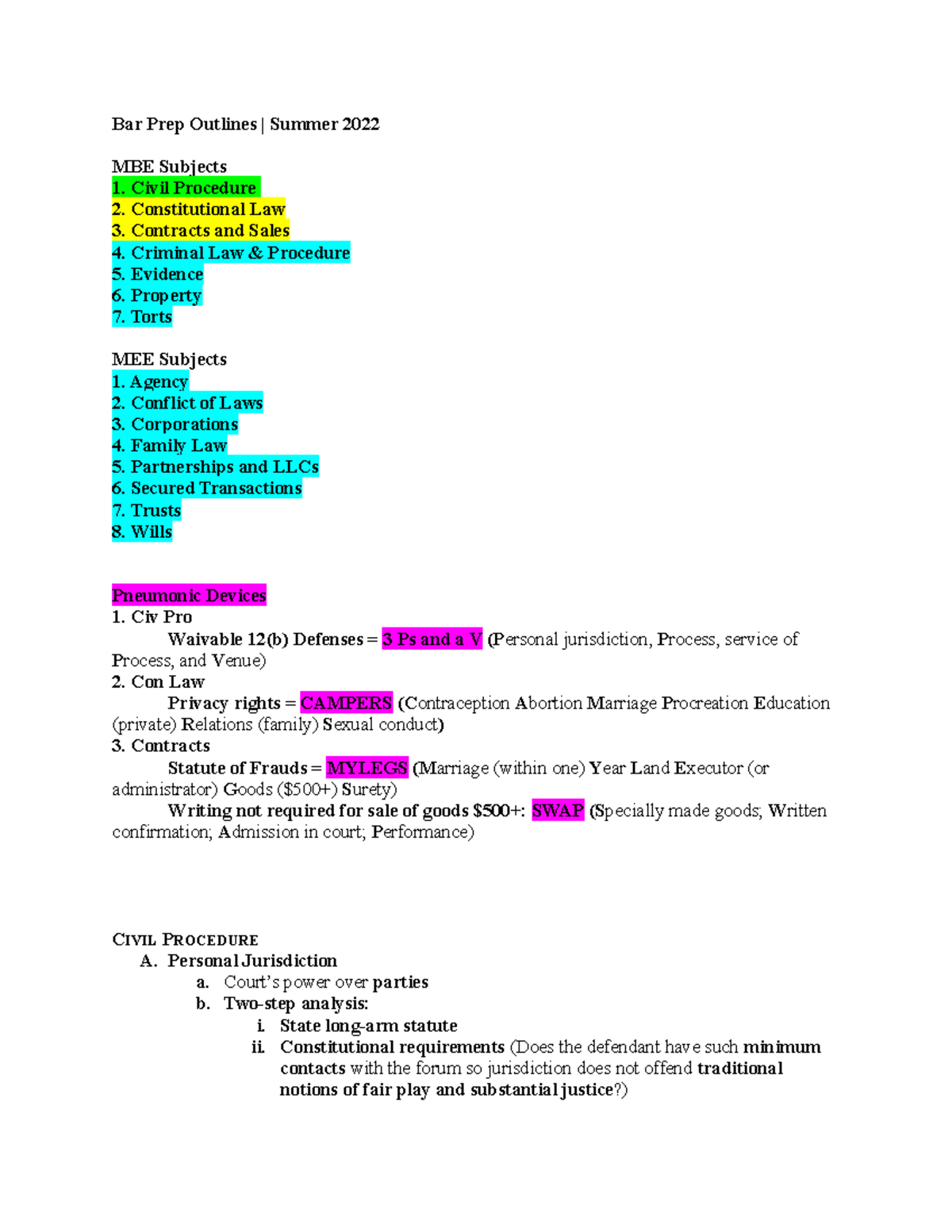 Bar Prep Outlines - Personal Jurisdiction a. Court’s power over parties ...