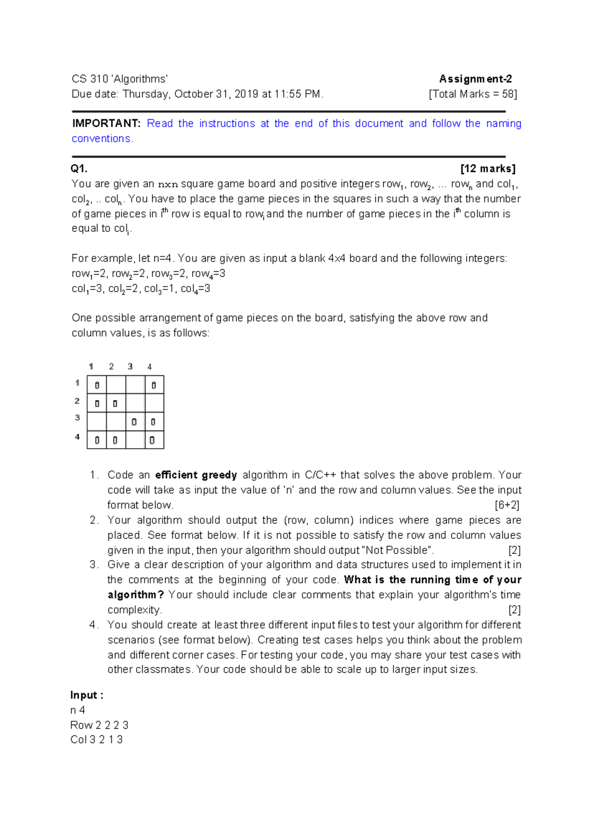 02 Assignment CS310 Fall2019 - CS 310 ‘Algorithms’ Assignment- Due date: Thursday, October 31 ...