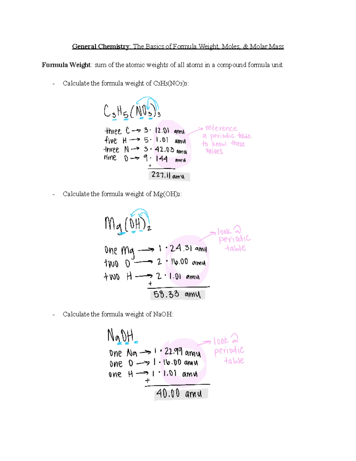 The Basics of Formula Weight, Moles, & Molar Mass - 0221367 · 10 23 → ...