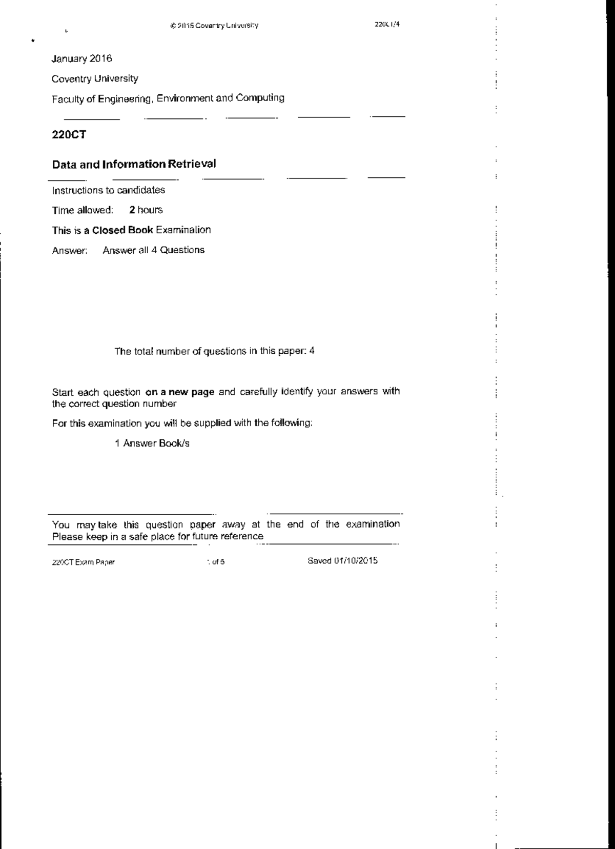 220ct jan 2016 - Practice Past Paper notes for Jan 2017 - 220CT - Studocu