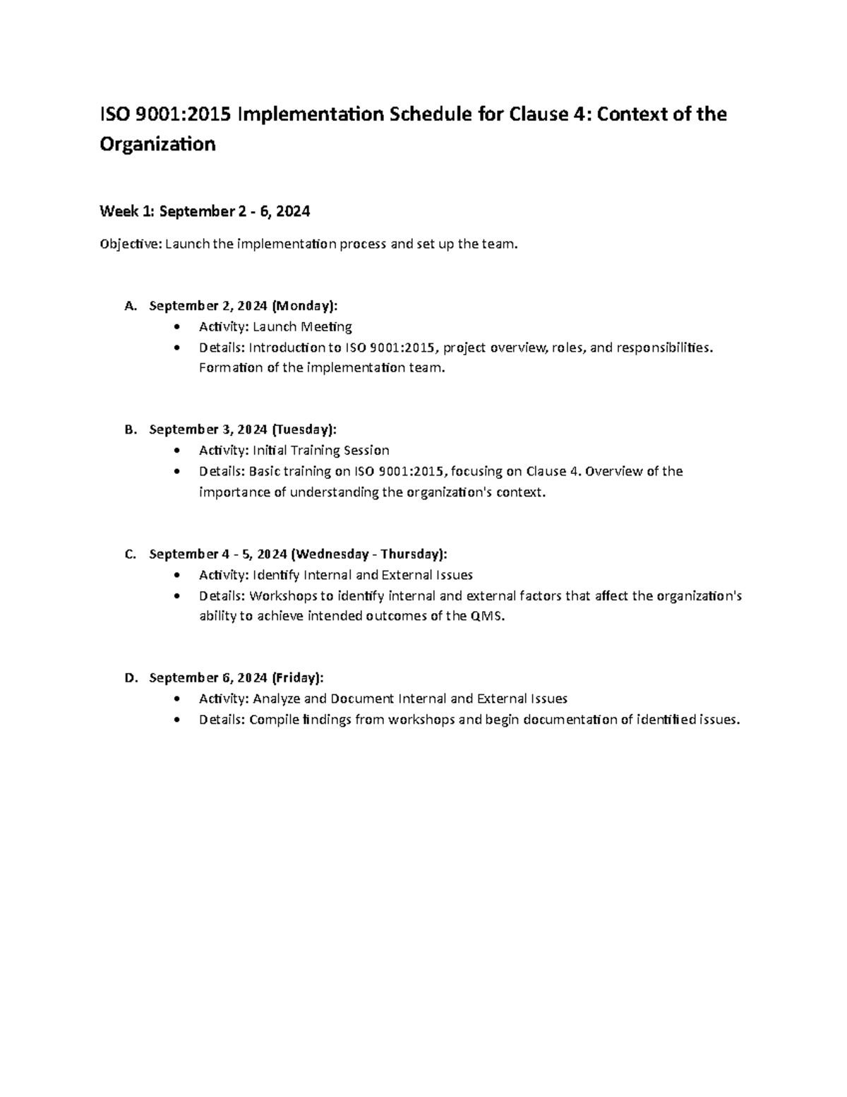 ISO Schedule FOR September - ISO 9001:2015 Implementation Schedule for ...