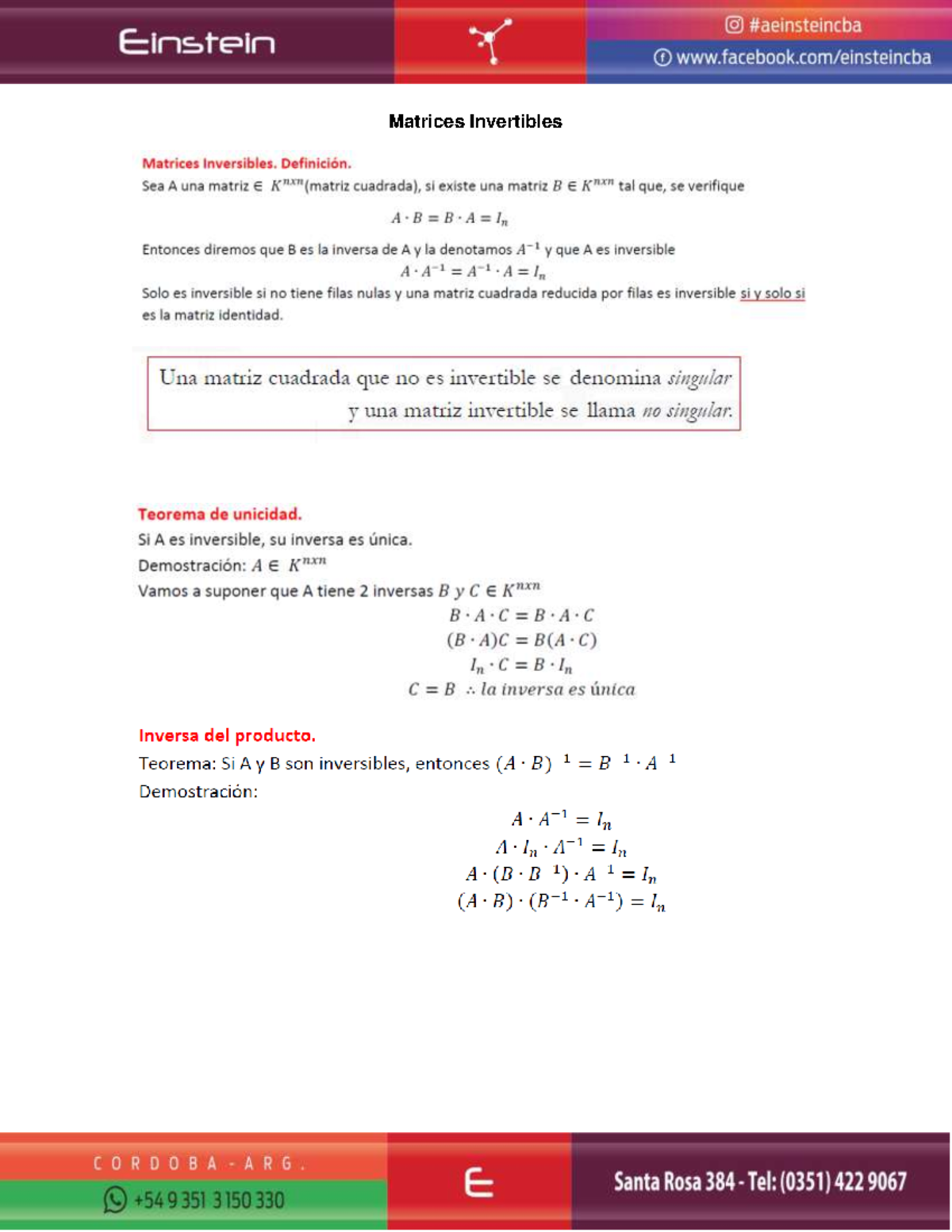 4- Teorico Inversas Algebra Einstein - Einstein f Matrices Invertibles ...