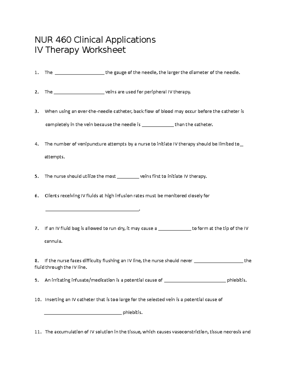 IV+Therapy+Worksheet - NUR 460 Clinical Applications IV Therapy ...