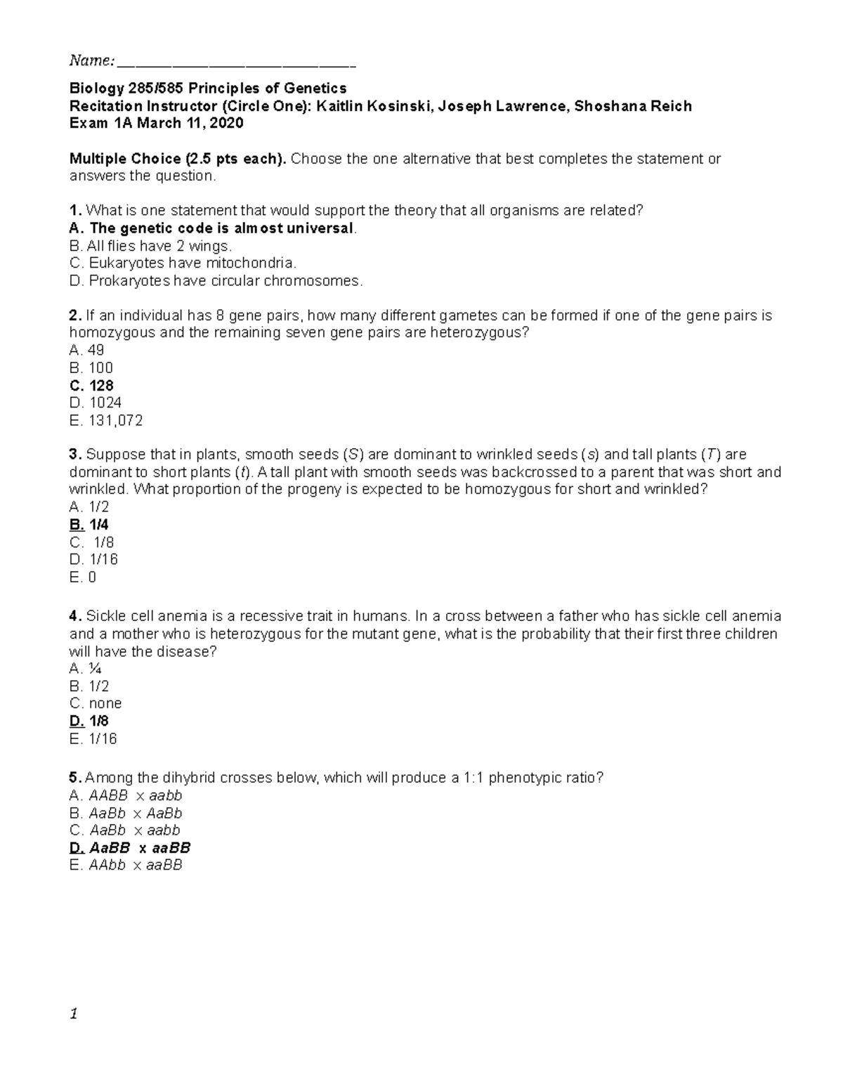Exam 1A 2020 KEY Final - Biology 285/585 Principles of Genetics ...