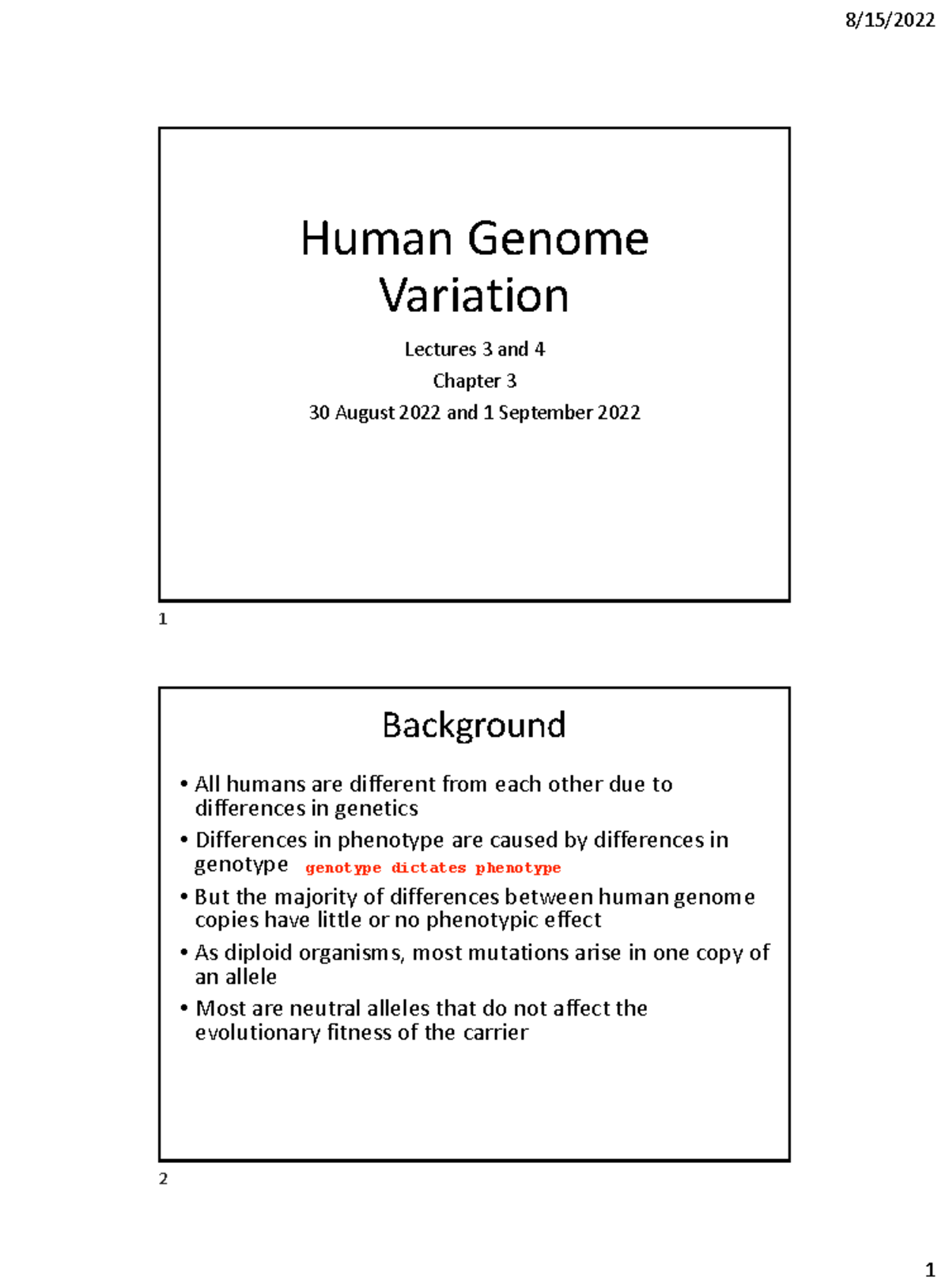 Lecture 3 and 4 - Human Genome Variations - Human Genome Variation ...