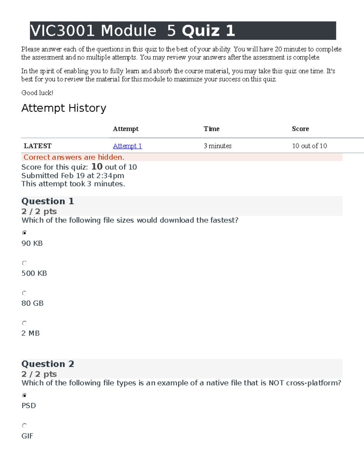 VIC3001 Module 5 Quiz 1 - quiz - VIC3001 Module 5 Quiz 1 Please answer ...