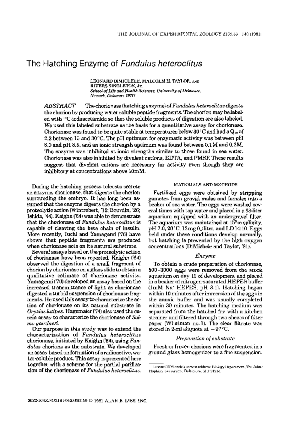 The hatching enzyme of Fundulus heterocl - THE zyxwvutJOURNAL OF ...
