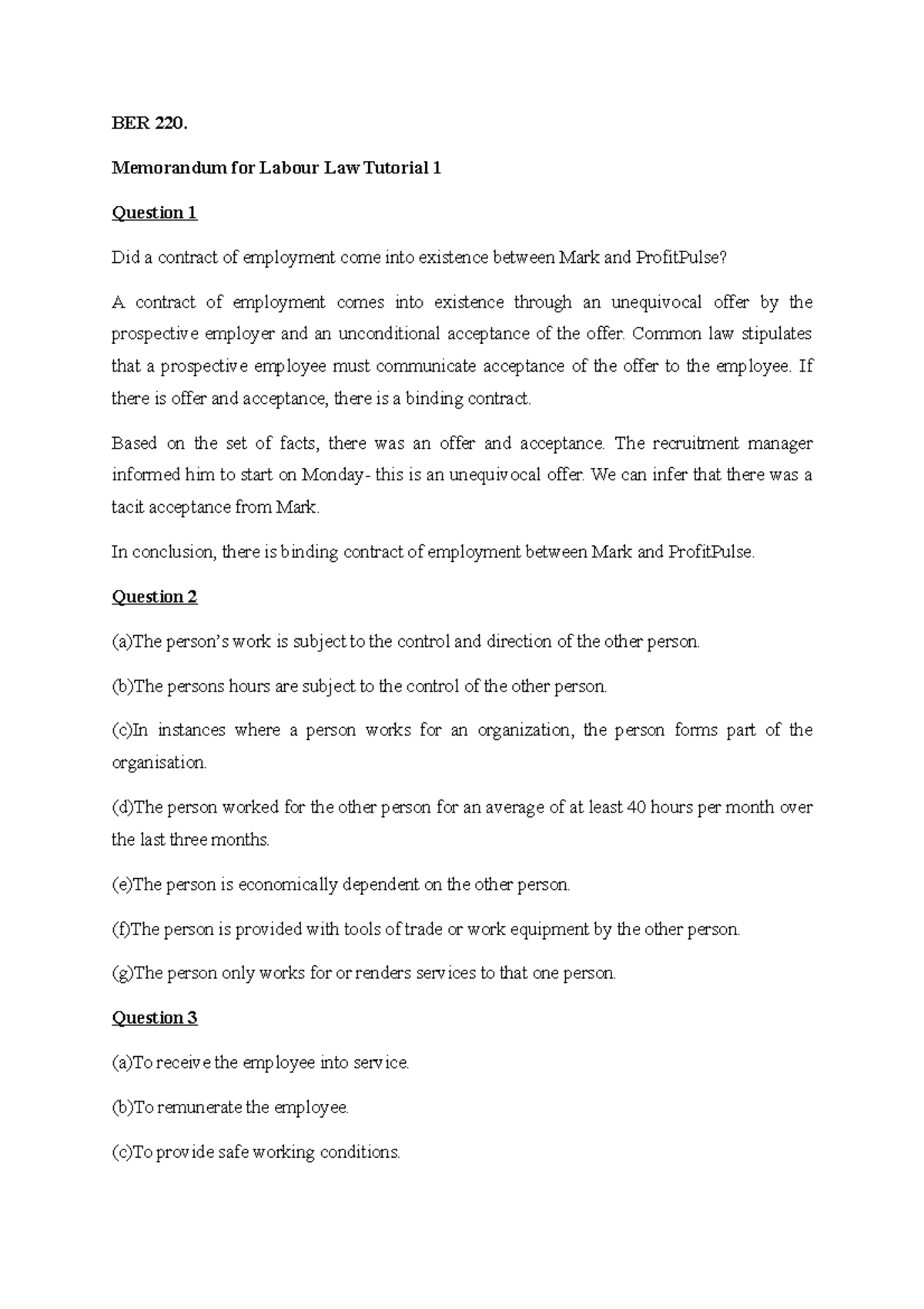 Tutorial 1 Memo BER - Its a test preperation worksheet - BER 220 ...