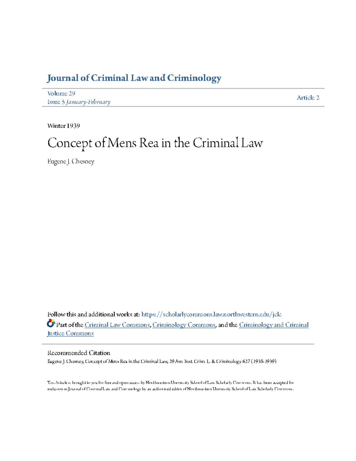 Concept of Mens Rea in the Criminal Law - Journal of Criminal Law and ...