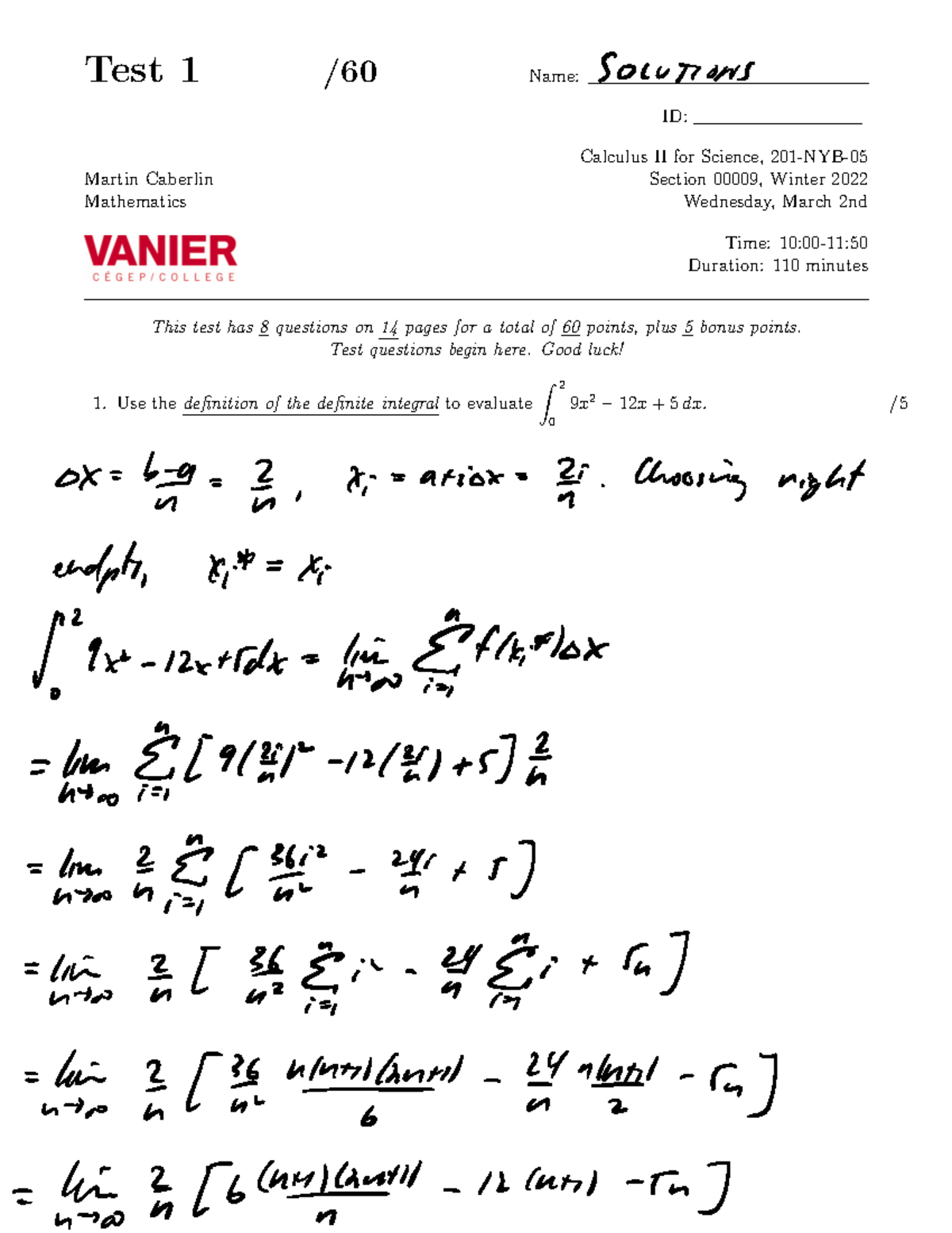 2022 1H NYB9 Test1 solutions - Test 1 /60 Name: ID: Calculus II for ...