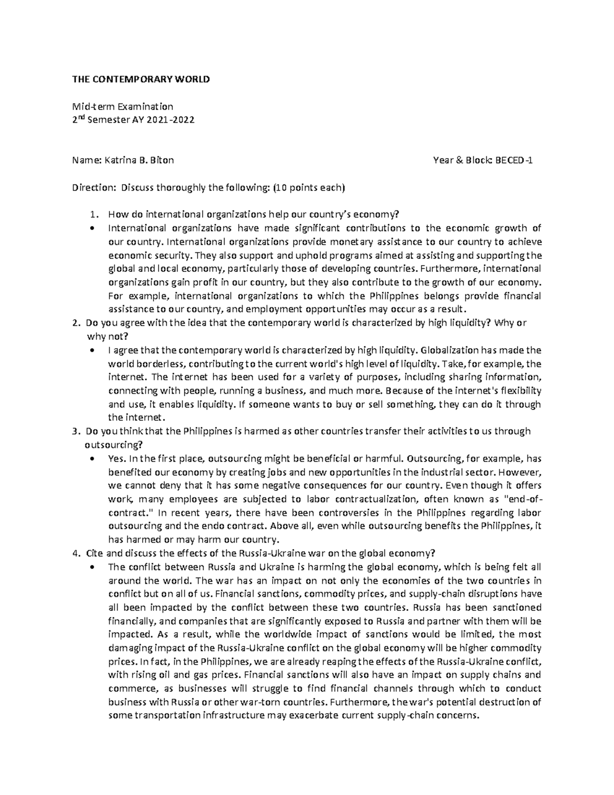 BECED 1_Mid-Term Contemporary World - THE CONTEMPORARY WORLD Mid-term ...