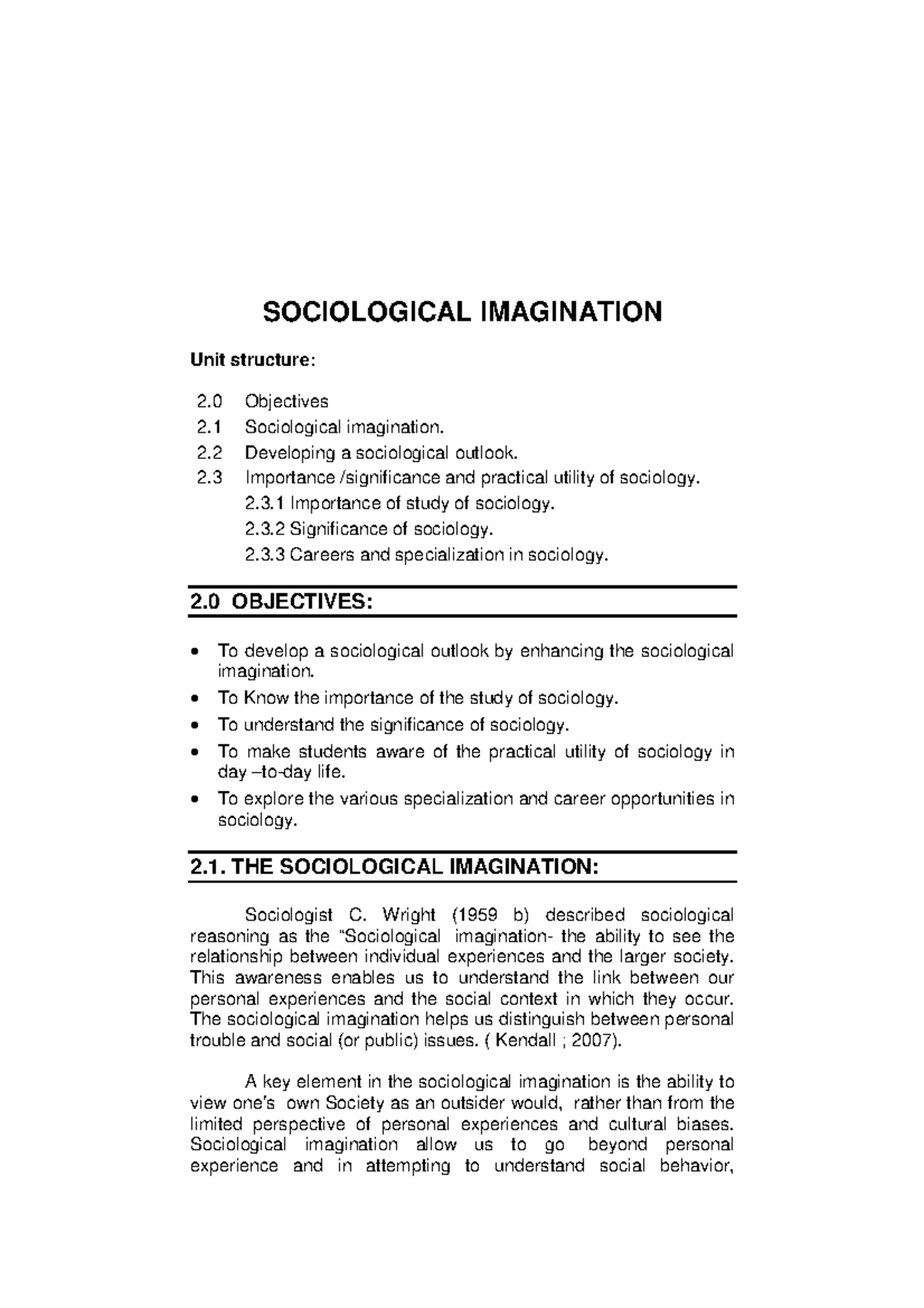 7 Sociology imagination - SOCIOLOGICAL IMAGINATION Unit structure: 2 ...