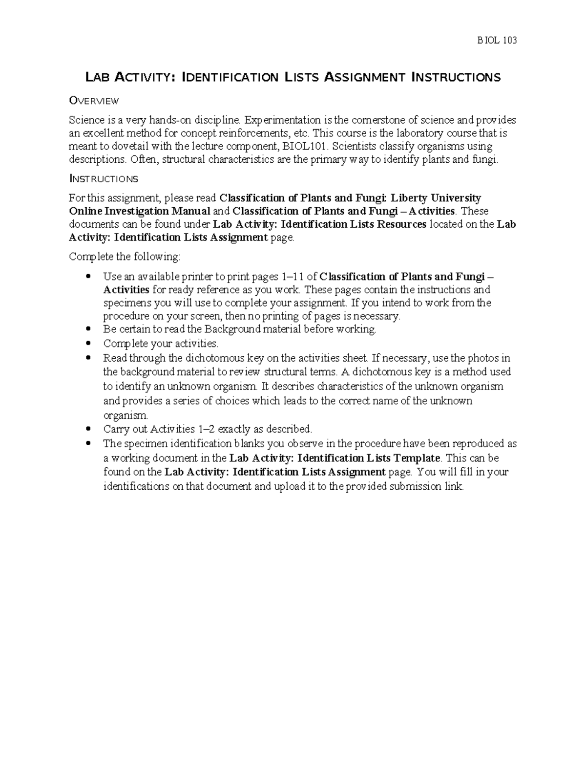 Lab Activity Identification Lists Assignment Instructions - BIOL 103 ...