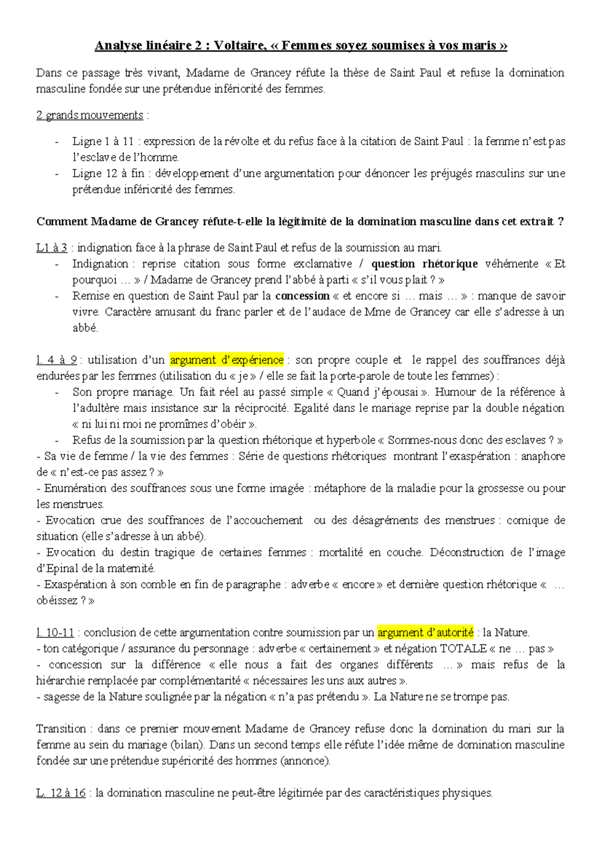 Analyse linéaire 2 BAC - Analyse linéaire 2 : Voltaire, « Femmes soyez ...