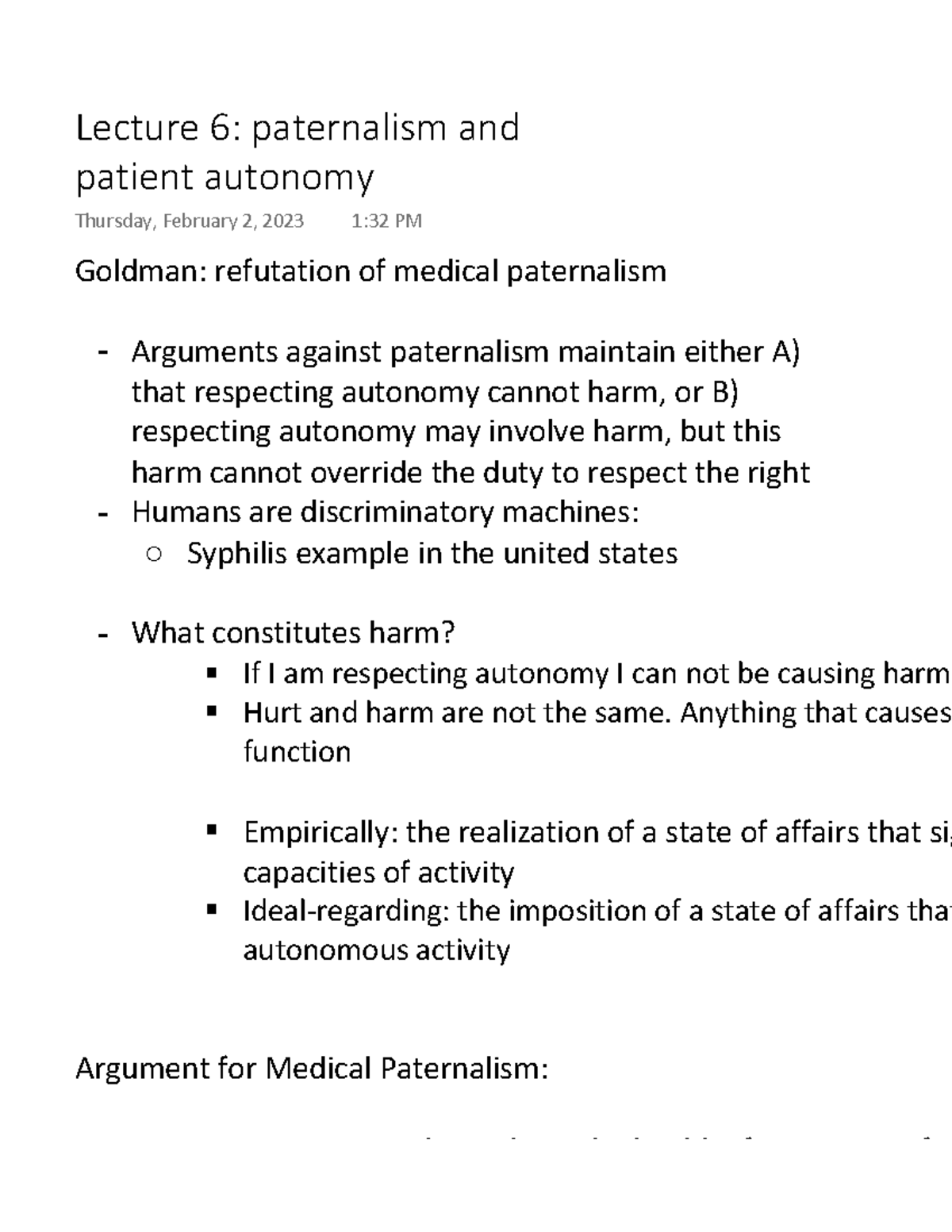 Lecture 6: Paternalism and Patient Autonomy - Studocu