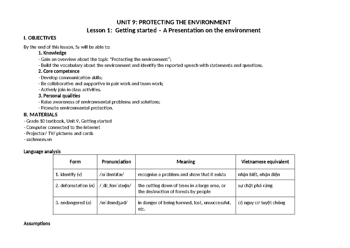 TA10-Unit 9 - UNIT 9: PROTECTING THE ENVIRONMENT Lesson 1: Getting ...