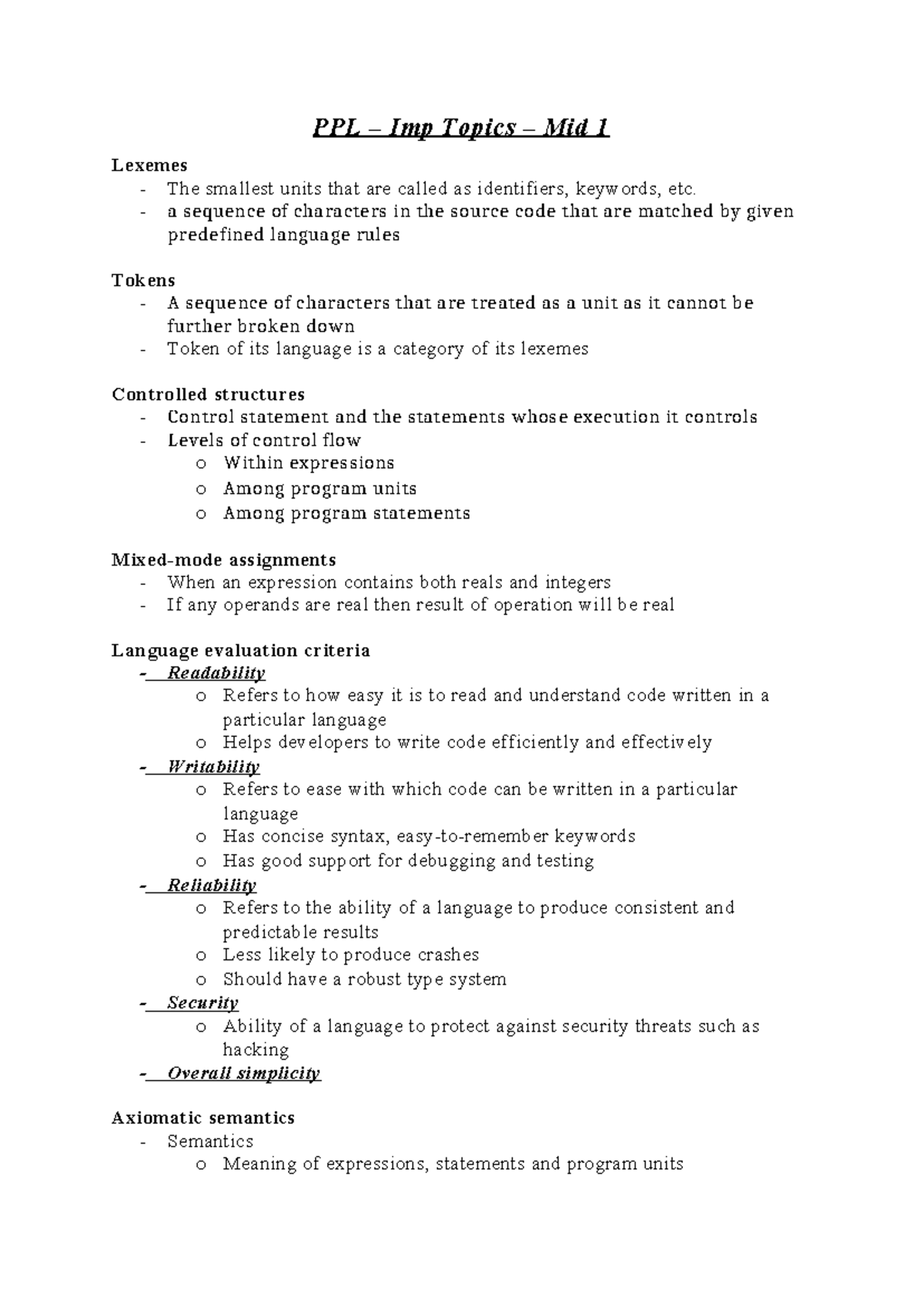 PPL - Imp Topics - Mid 1 - PPL – Imp Topics – Mid 1 Lexemes - The ...