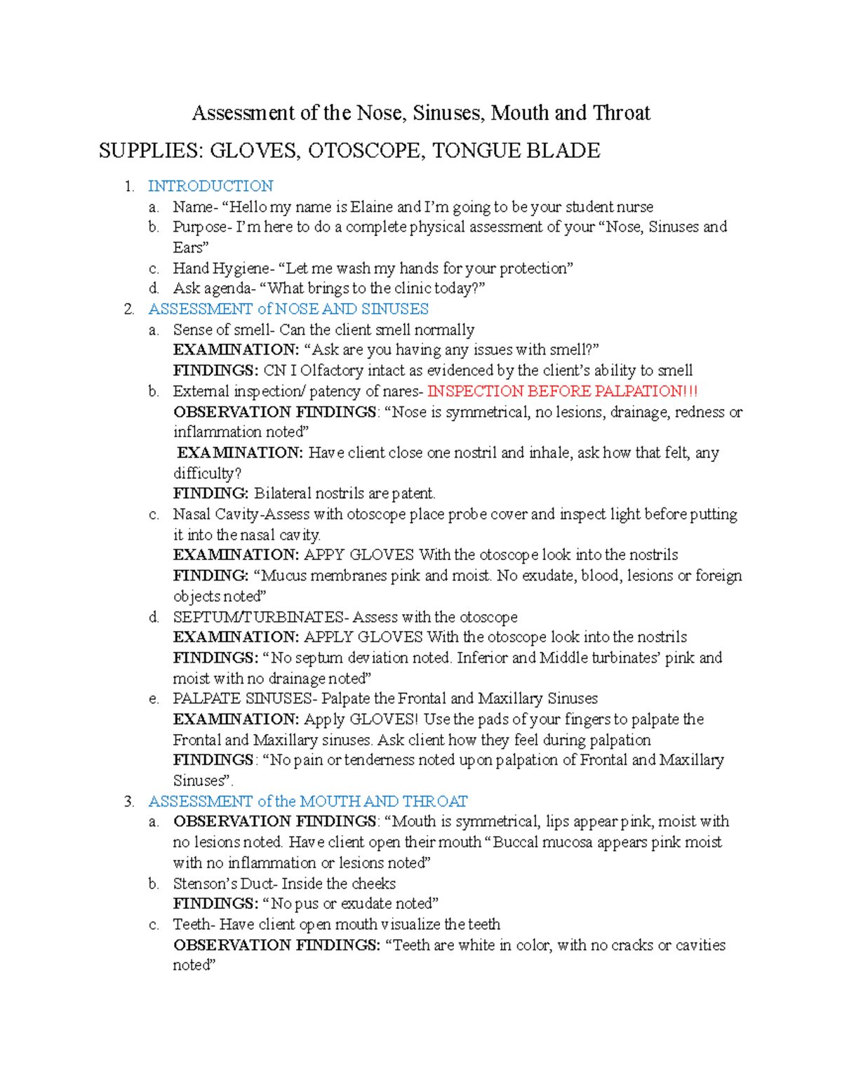 Assessment of the Nose - INTRODUCTION a. Name- “Hello my name is Elaine ...