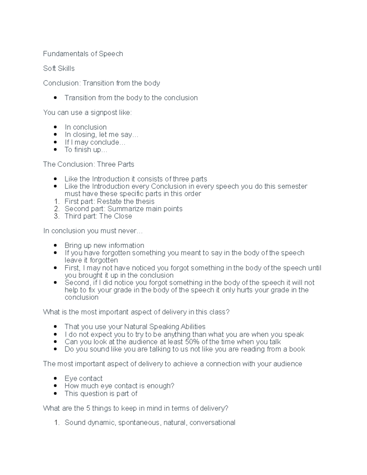 Fund Speech notes ss p5 - Fundamentals of Speech Soft Skills Conclusion ...