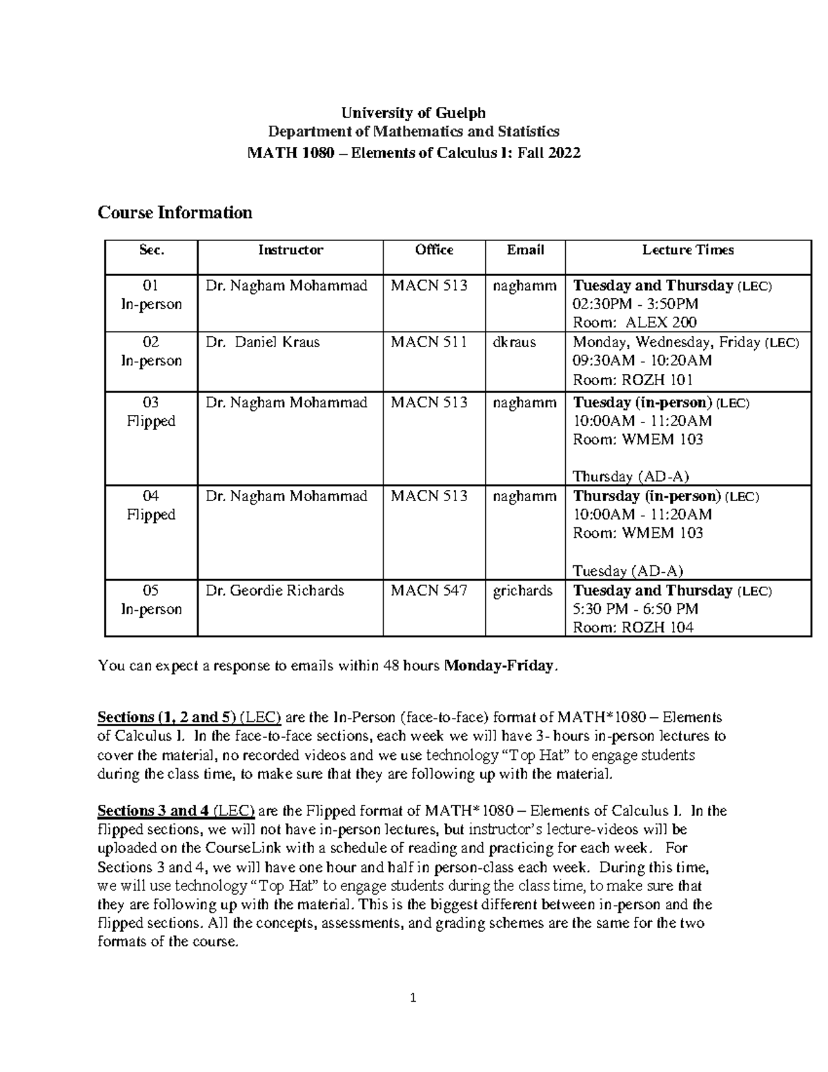Course Outline MATH 1080 Fall 2022 - University of Guelph Department of ...