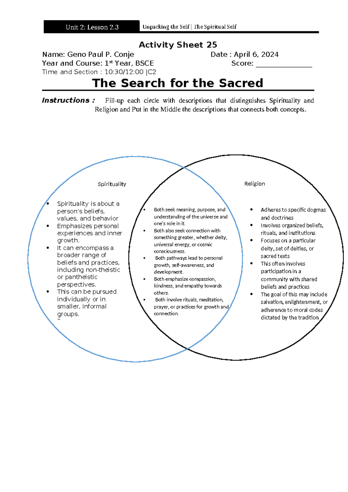 Activity-Sheet-25 Shellou - Unit 2: Lesson 2 Unpacking the Self | The ...
