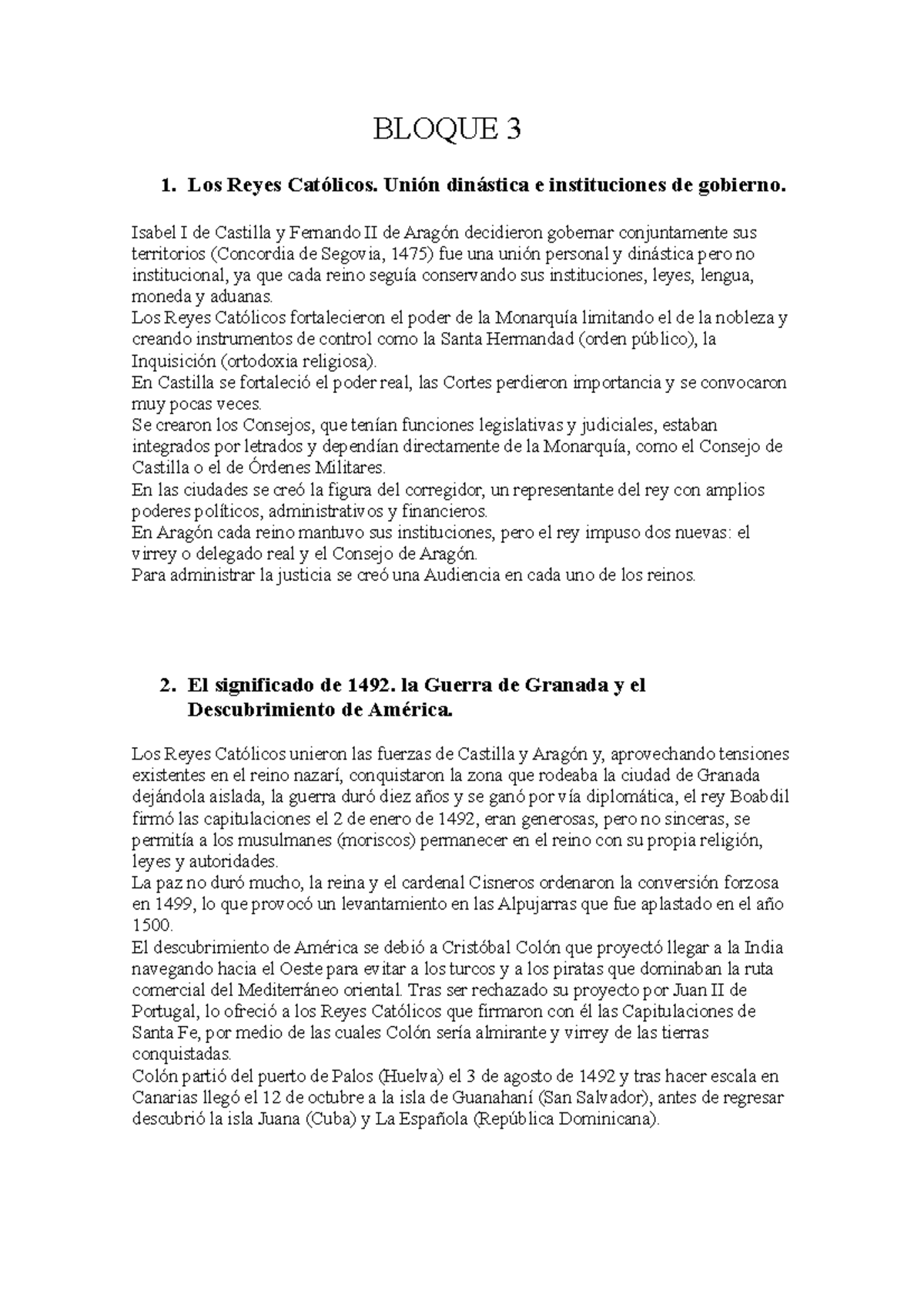Bloque 3 - BLOQUE 3 1. Los Reyes Católicos. Unión dinástica e instituciones de gobierno. Isabel ...