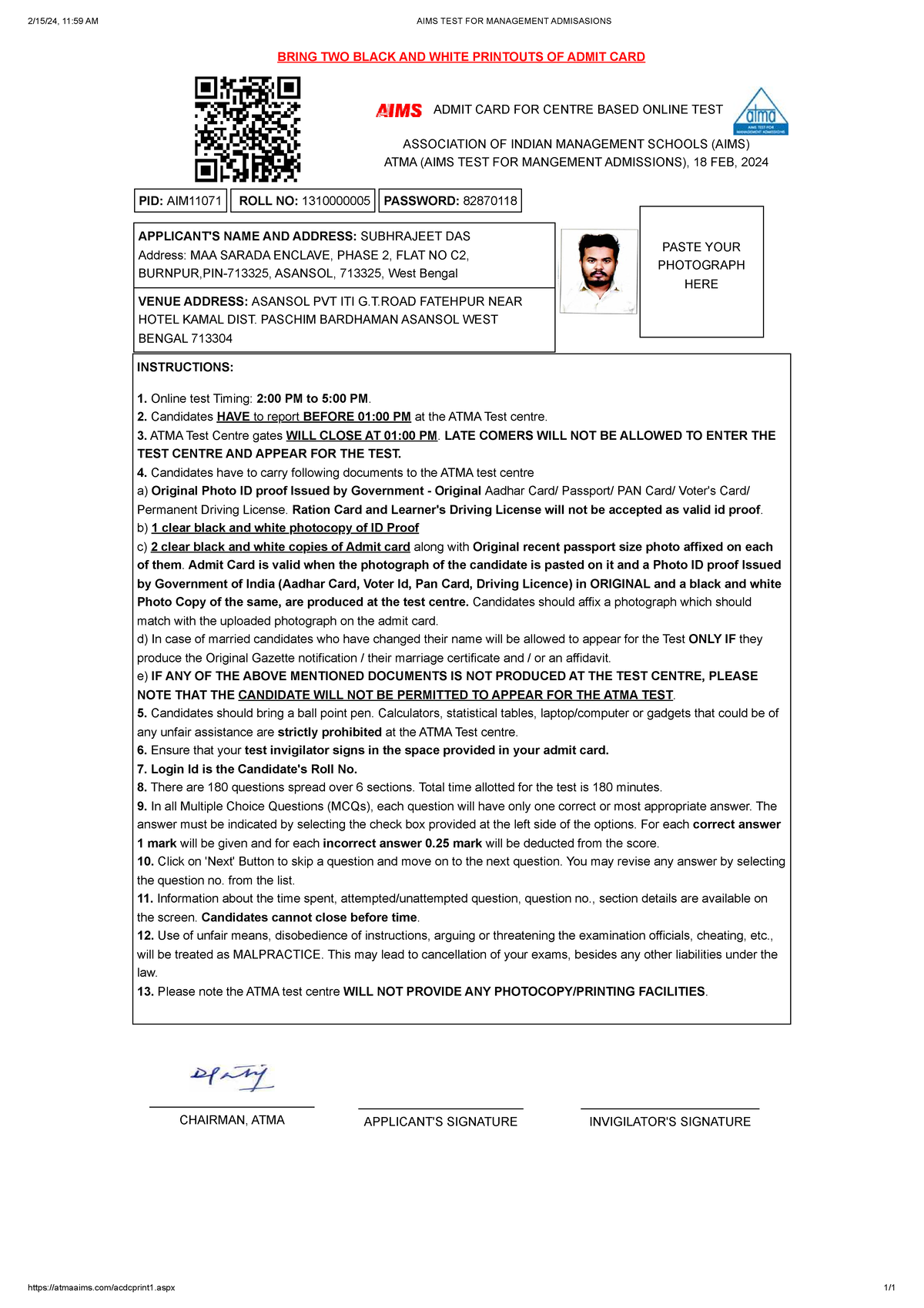AIMS TEST FOR Management Admisasions - 2/15/24, 11:59 AM AIMS TEST FOR ...