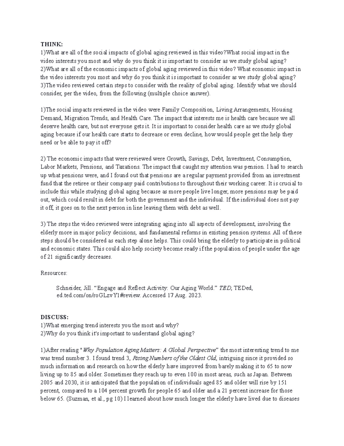 Engage and Reflect Activity TED-Ed lesson- Our Aging World Assignment 🌎 ...