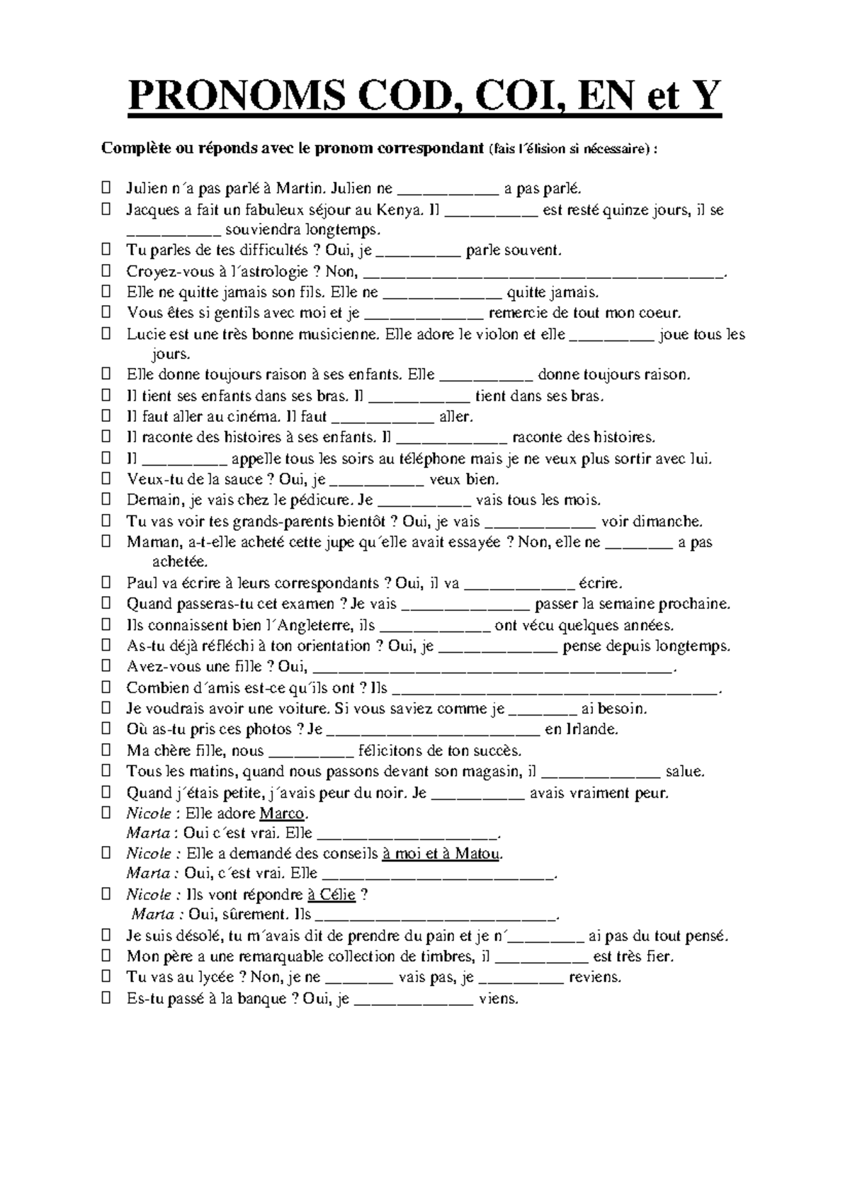 Pronoms cod coi en et y activites - PRONOMS COD, COI, EN et Y Complète ...