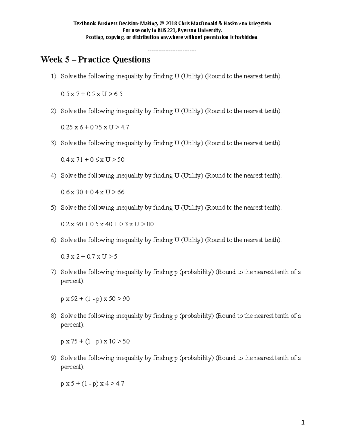 Class 5 - Practice Questions - For use only in BUS221, Ryerson ...