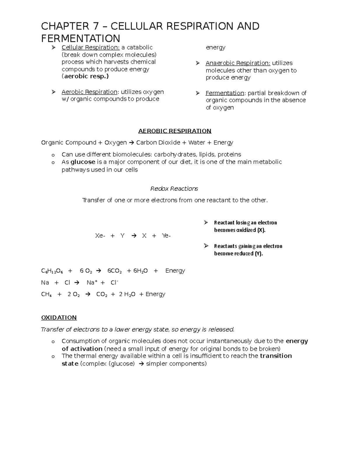 Biol-1115 Chapter 7 Exam Notes - FERMENTATION Cellular Respiration: a ...