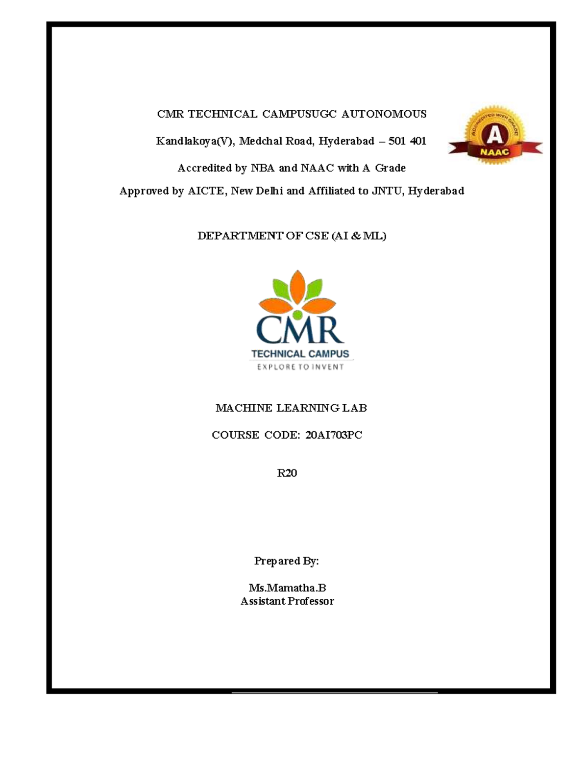 Ml Lab Manual 1 No Yopppp Cmr Technical Campusugc Autonomous Kandlakoyav Medchal Road