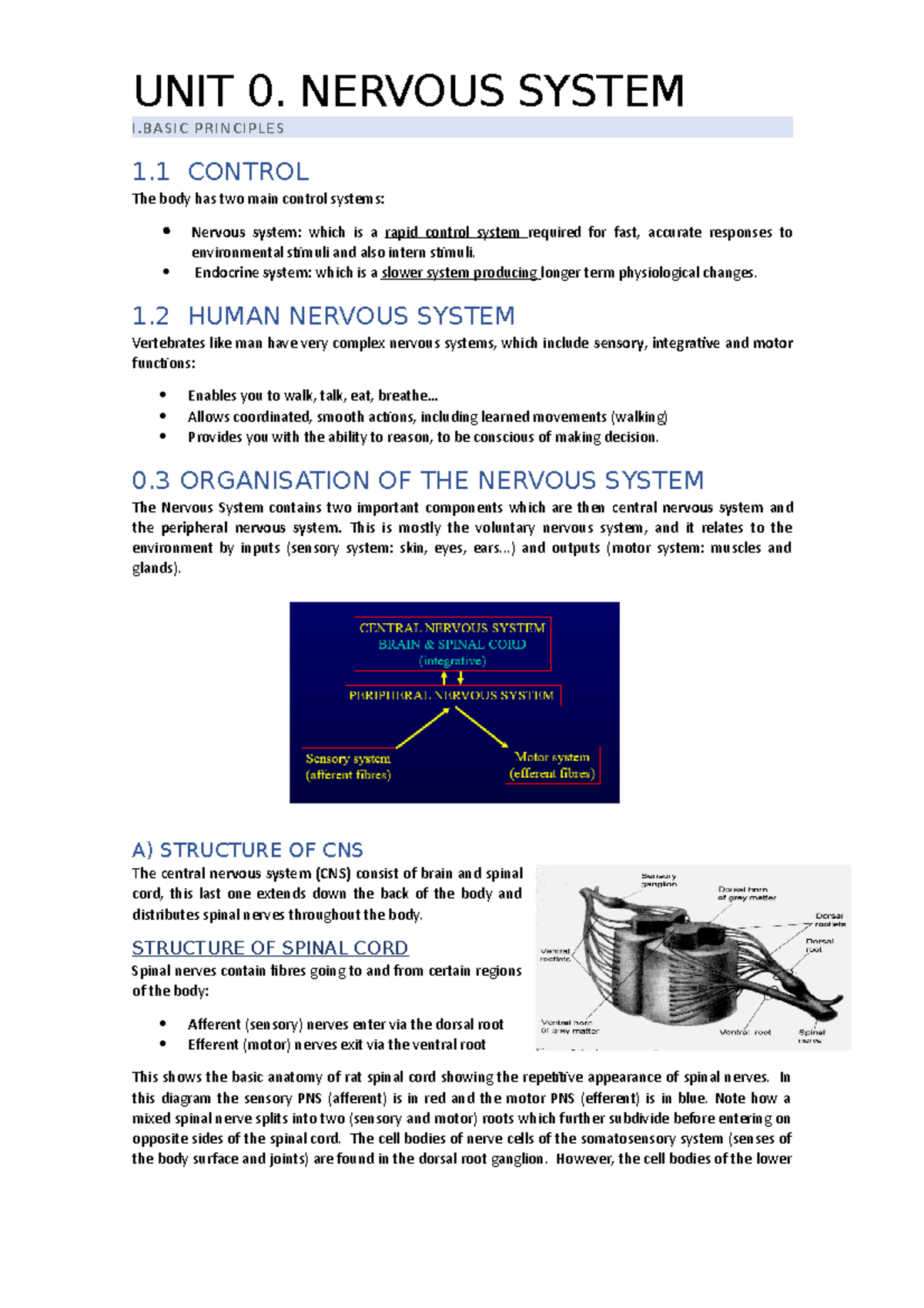 General principles - UNIT 0. NERVOUS SYSTEM I PRINCIPLES 1 CONTROL The ...