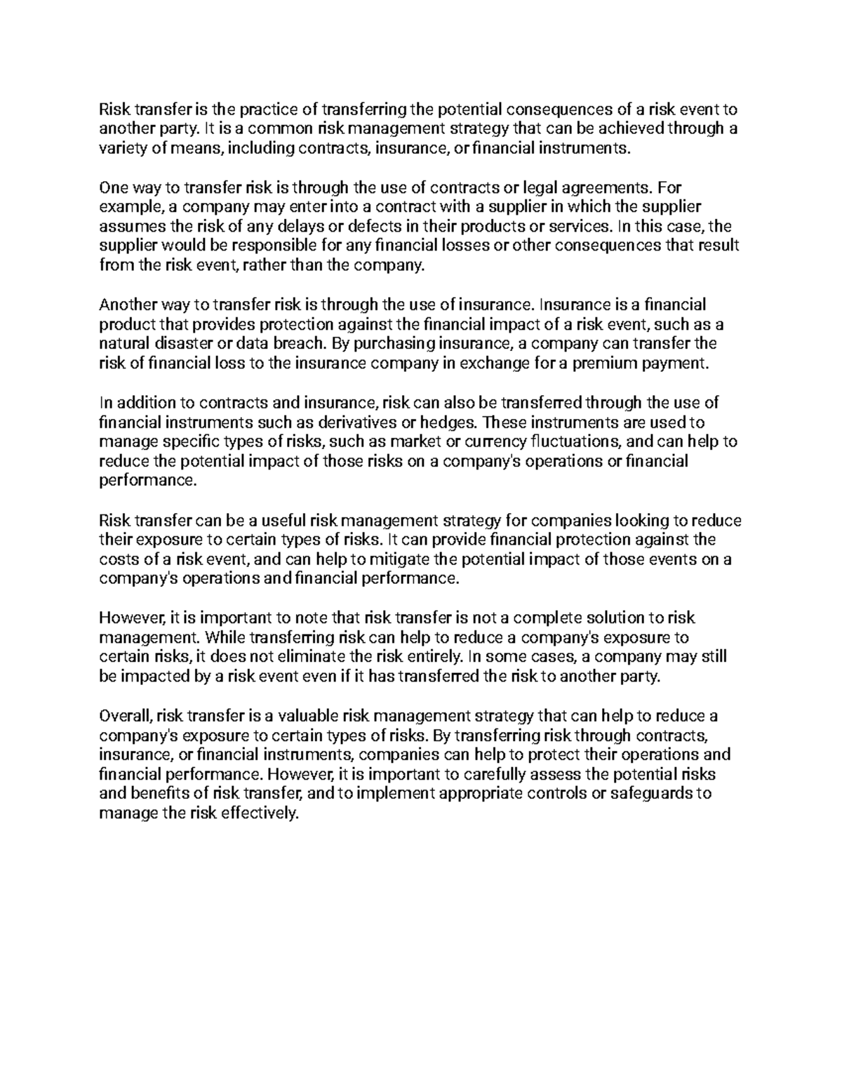 Risk transfer - lecture notes - Risk transfer is the practice of ...