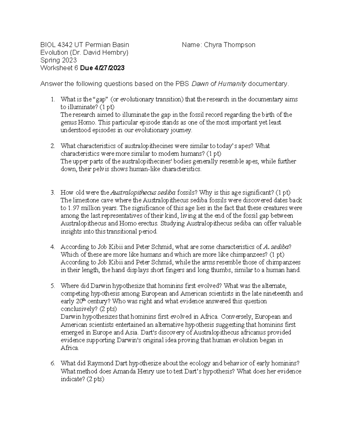 BIOL 4342 Worksheet 6 - BIOL 4342 UT Permian Basin Name: Chyra Thompson ...