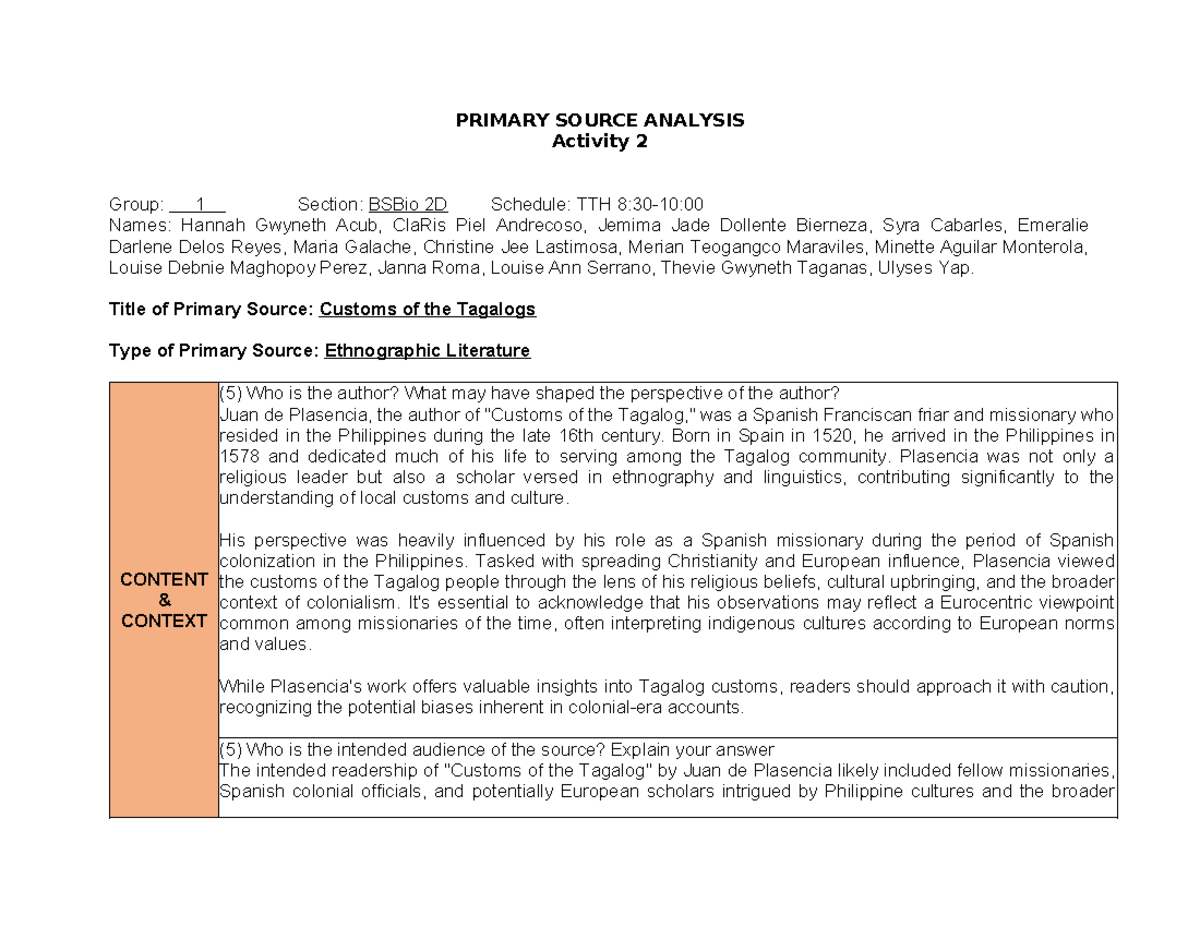 Primary source analysis - PRIMARY SOURCE ANALYSIS Activity 2 Group: 1 ...