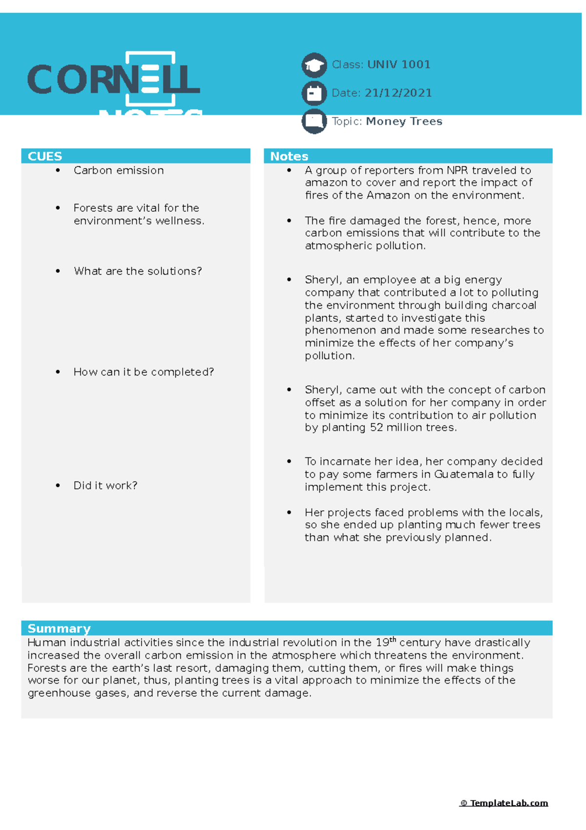Cornell Notes Template 01 - Template Lab.com Money trees - CUES Notes ...