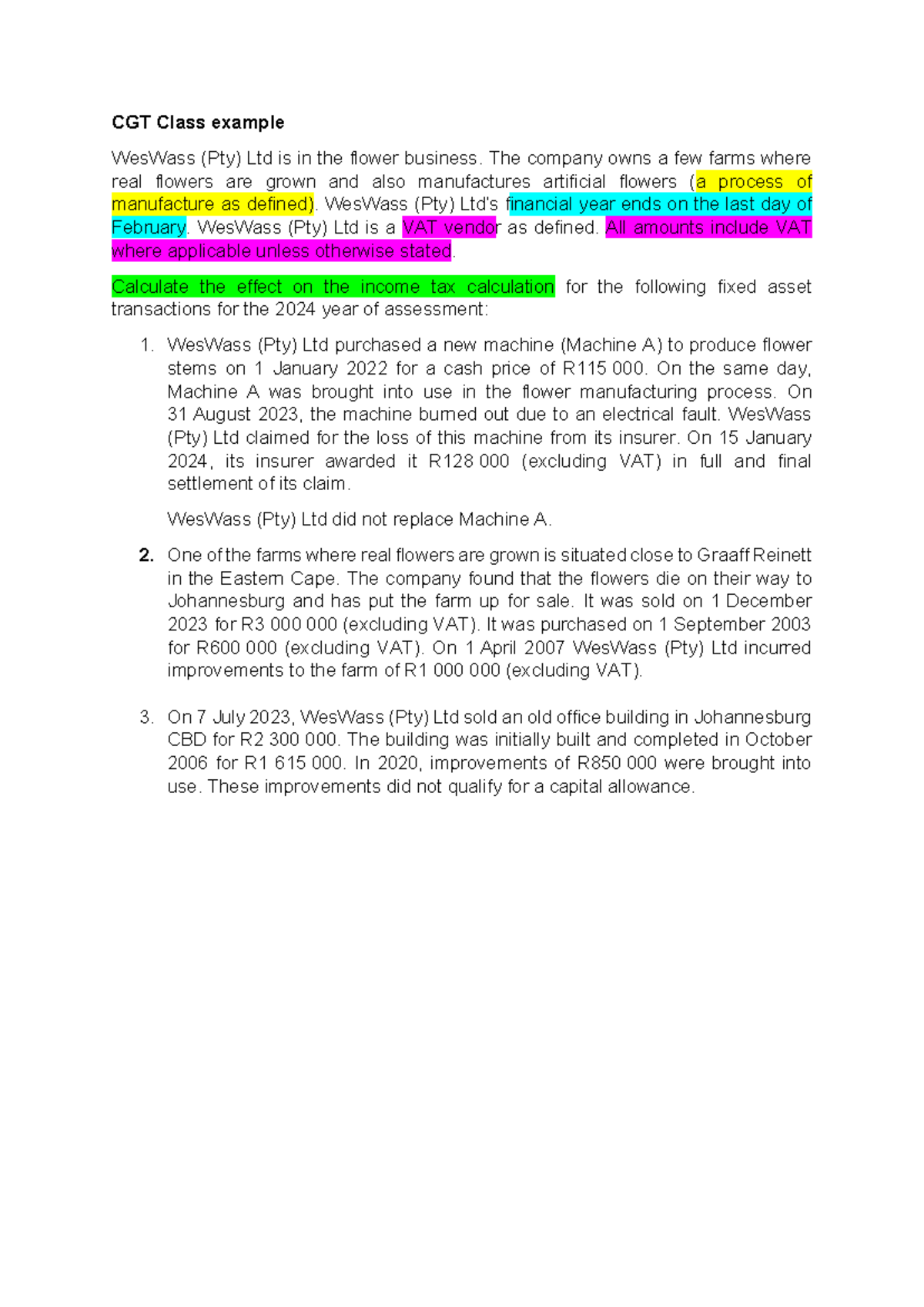 Capital gains tax - CGT Class example WesWass (Pty) Ltd is in the ...