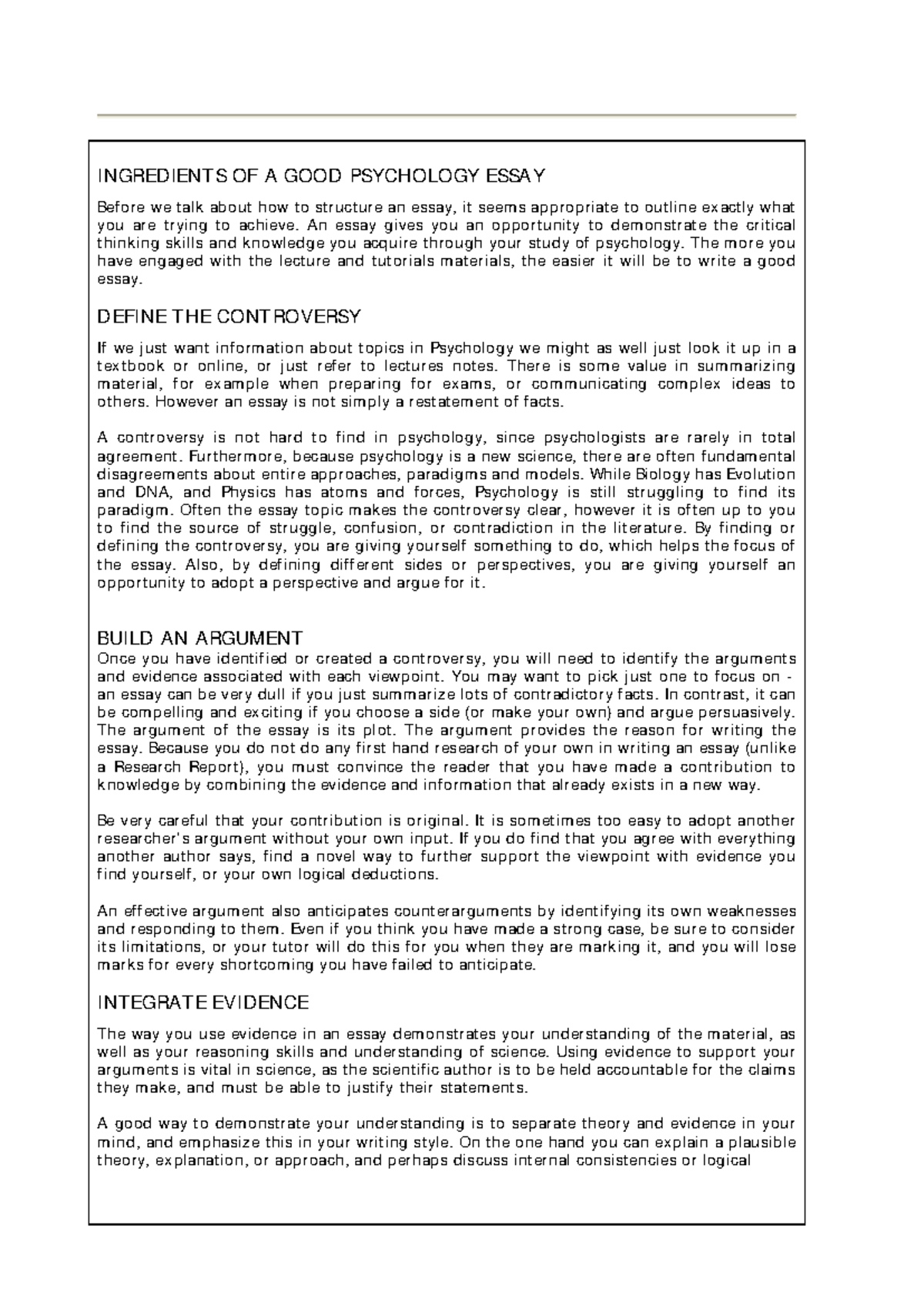 How to write an essay - INGREDIENTS OF A GOOD PSYCHOLOGY ESSAY Before ...