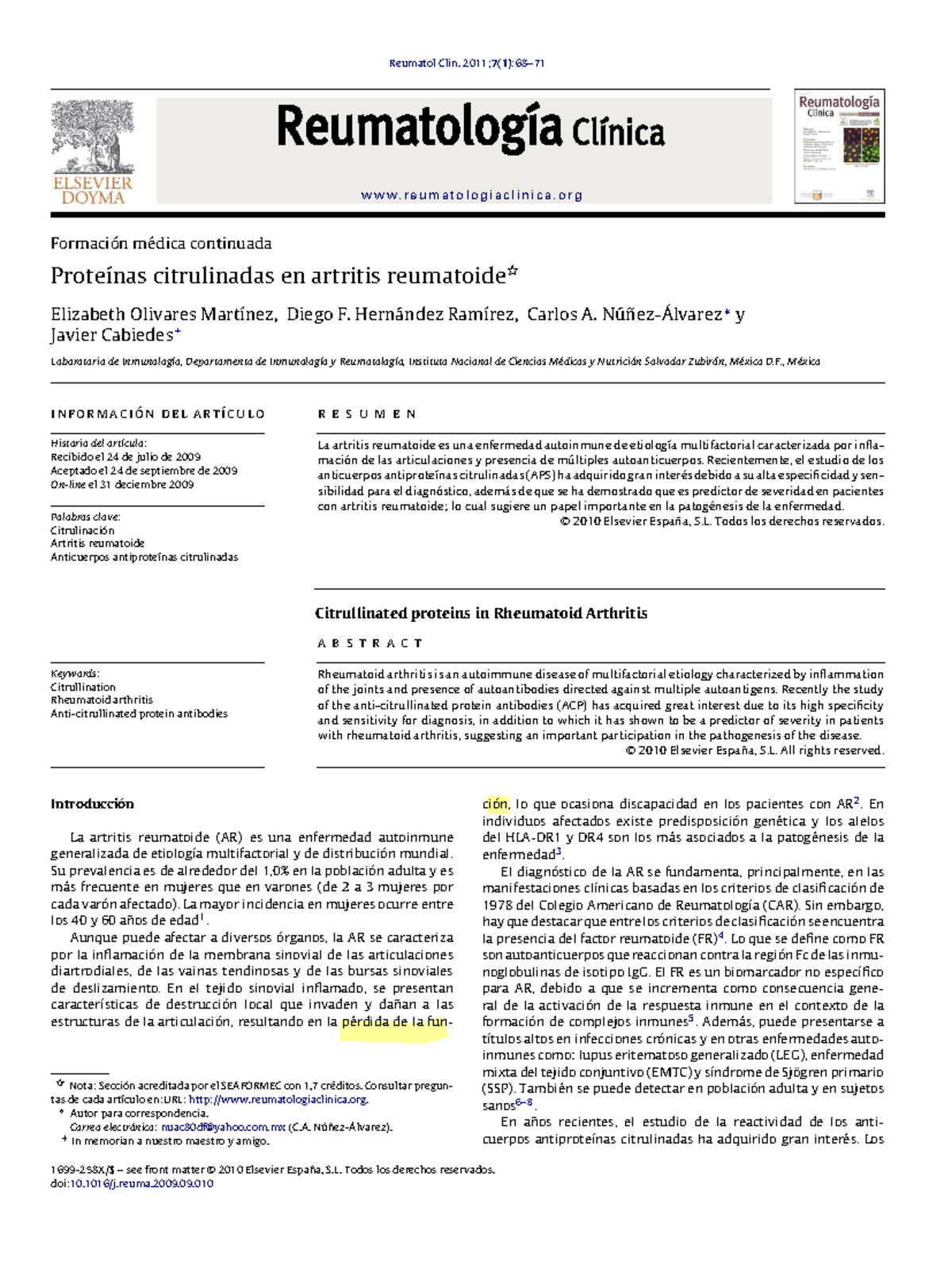 Artitris reumatoide y citrulinación - Reumatol Clin. 2011;7(1):68– w w ...