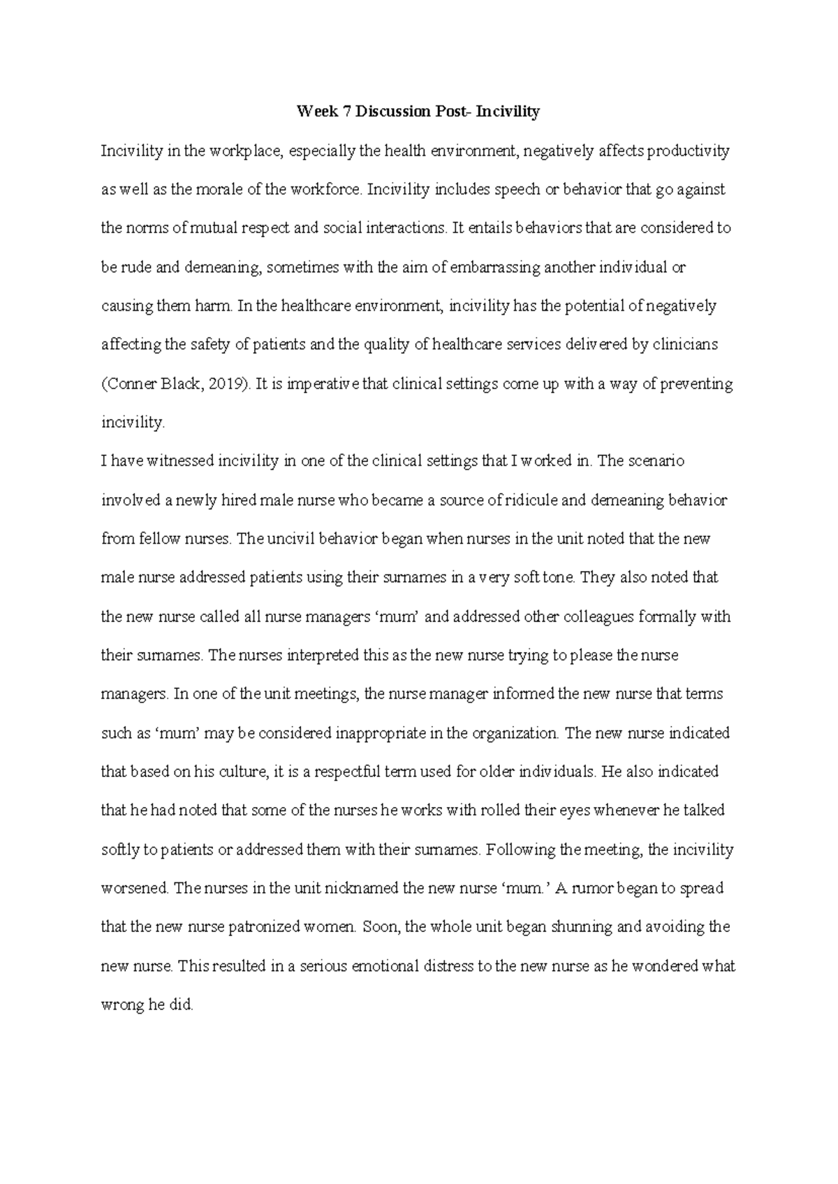 Week 7 Discussion Post- Incivility - Week 7 Discussion Post- Incivility ...