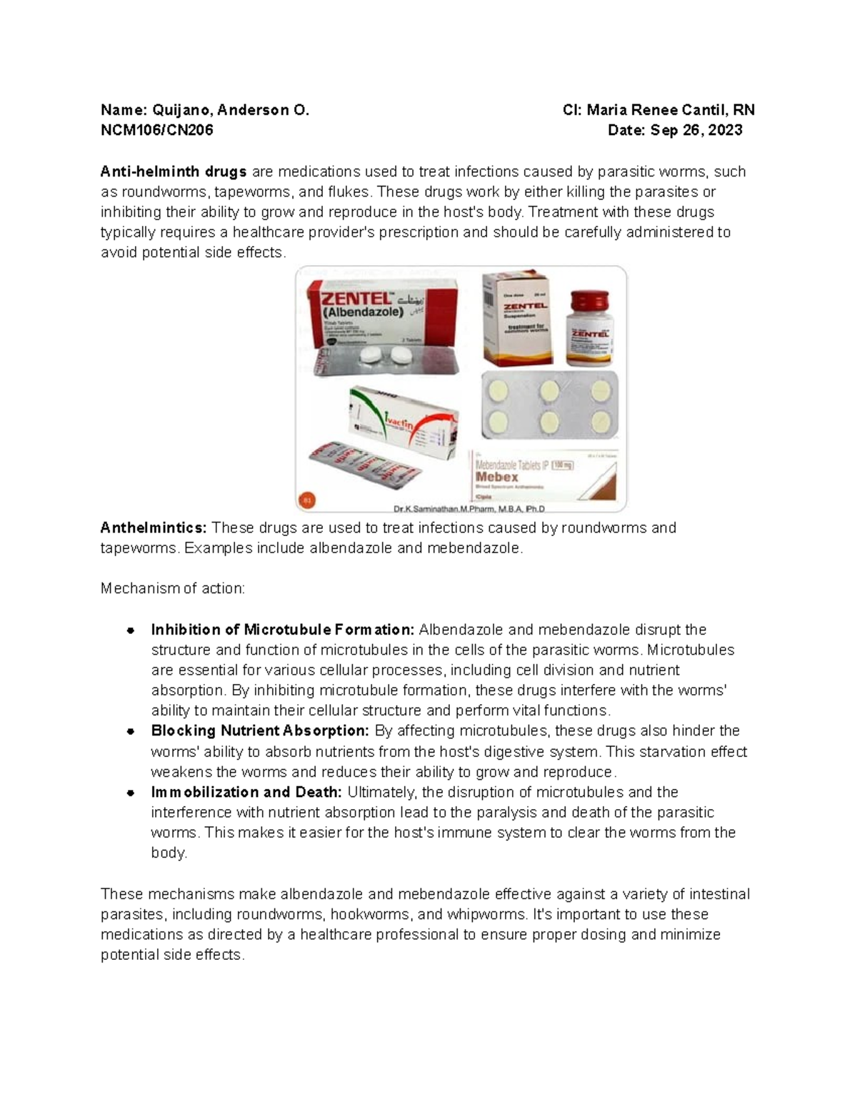 Pharma.Assignment 1 - assignment sample - Name: Quijano, Anderson O. CI ...