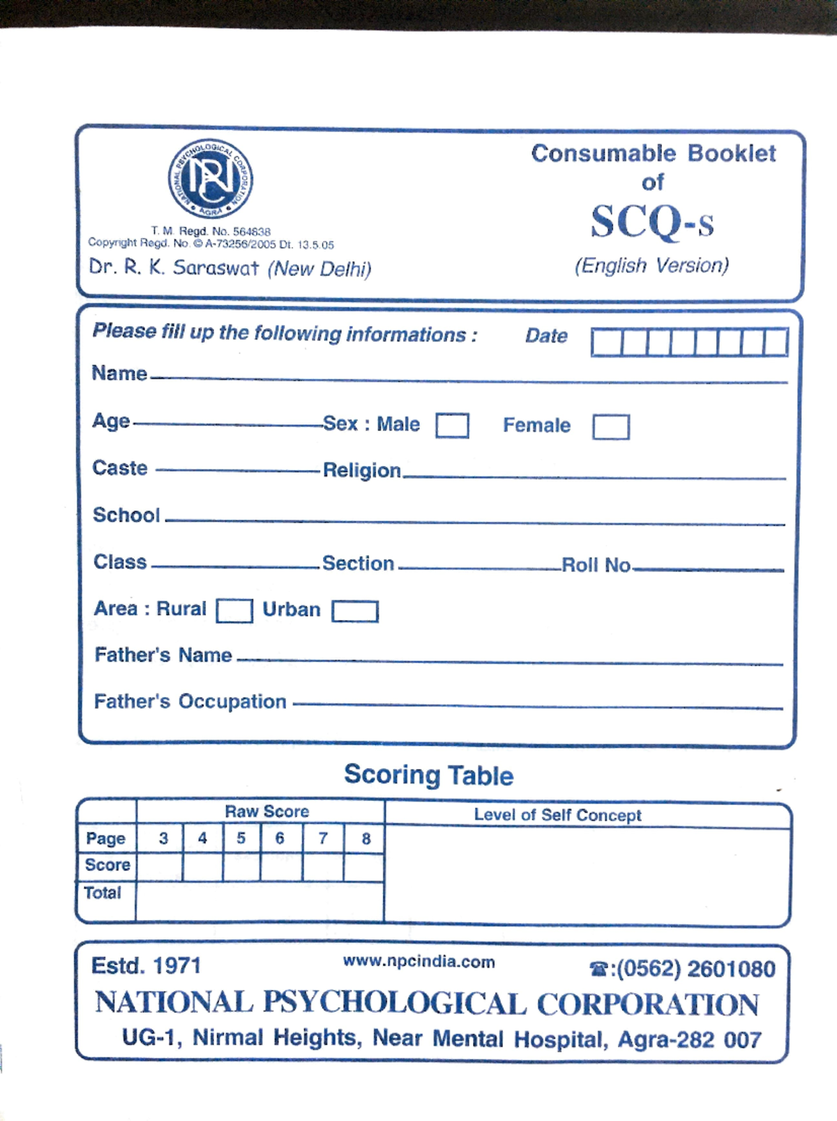 SCQ - Questionnaire - .. , I.. - Ii~ ) Cons umable Book let of v~ c ...