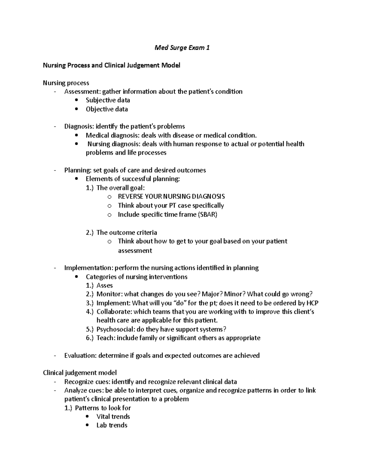 Med Surge Exam 1 - Summary and collection - Med Surge Exam 1 Nursing ...