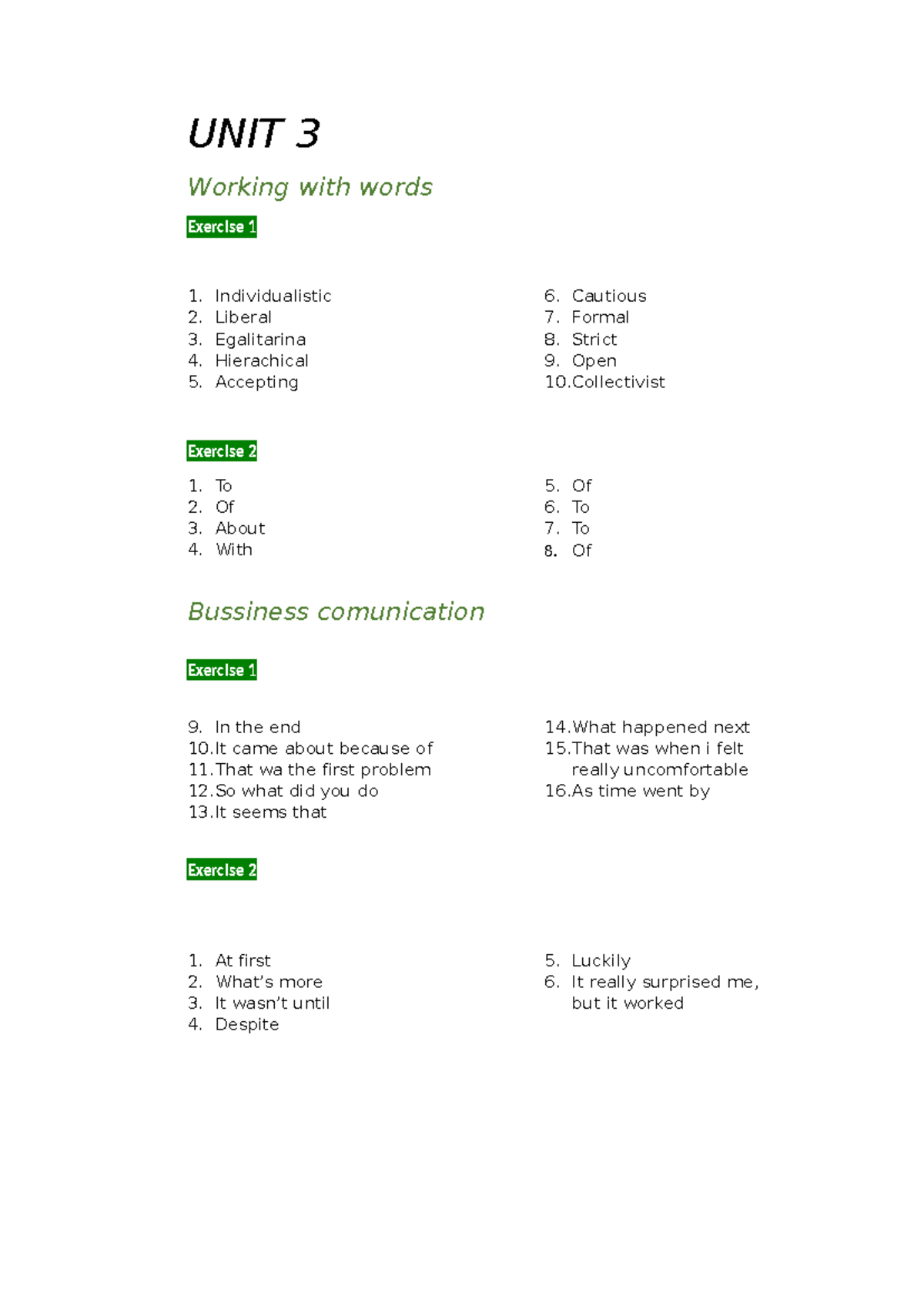 UNIT 3 - ficha ingles - UNIT 3 Working with words Exercise 1 Individualistic Liberal Egalitarina ...
