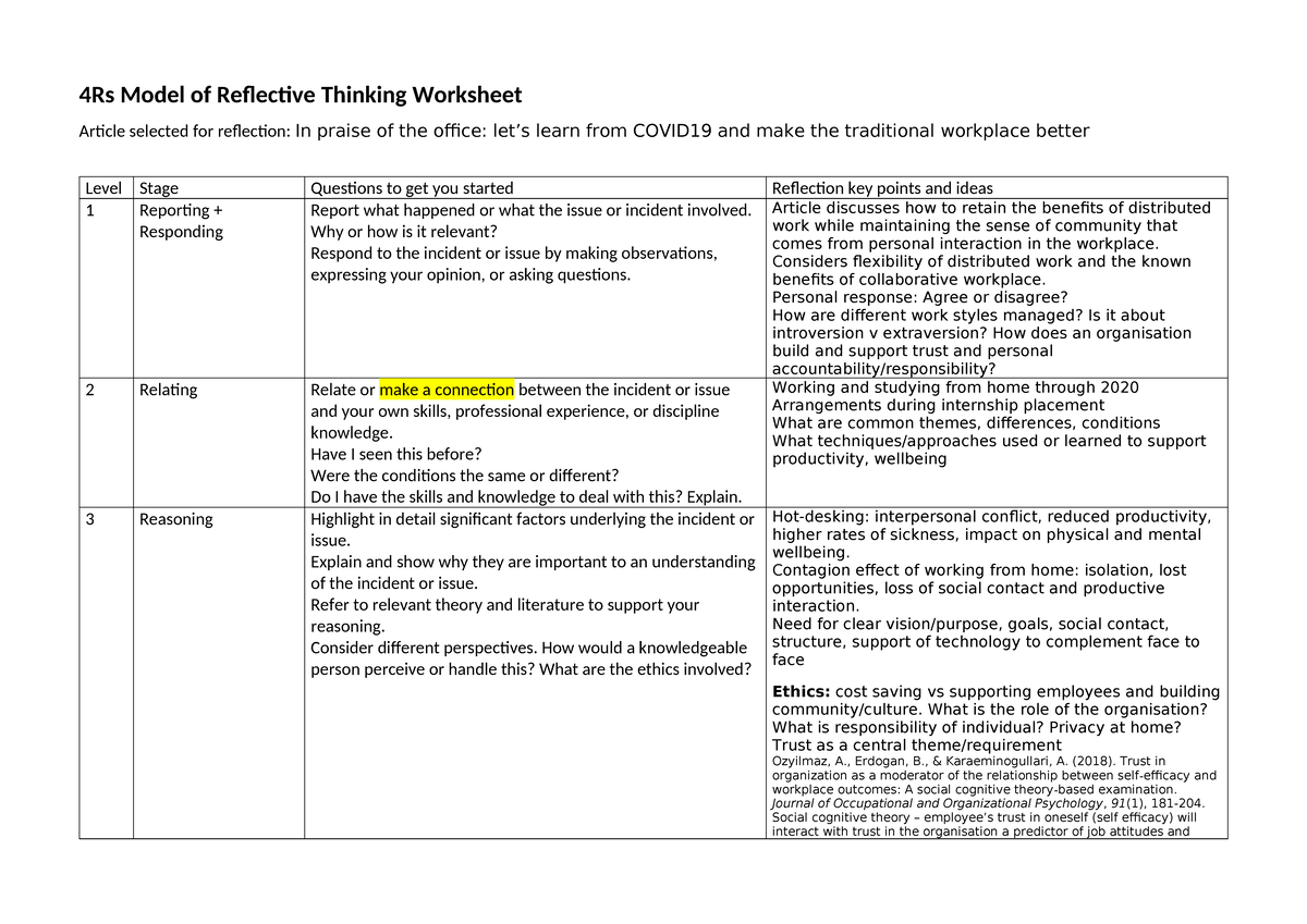 Week 06 4Rs worksheet - worked example - 4Rs Model of Reflective ...